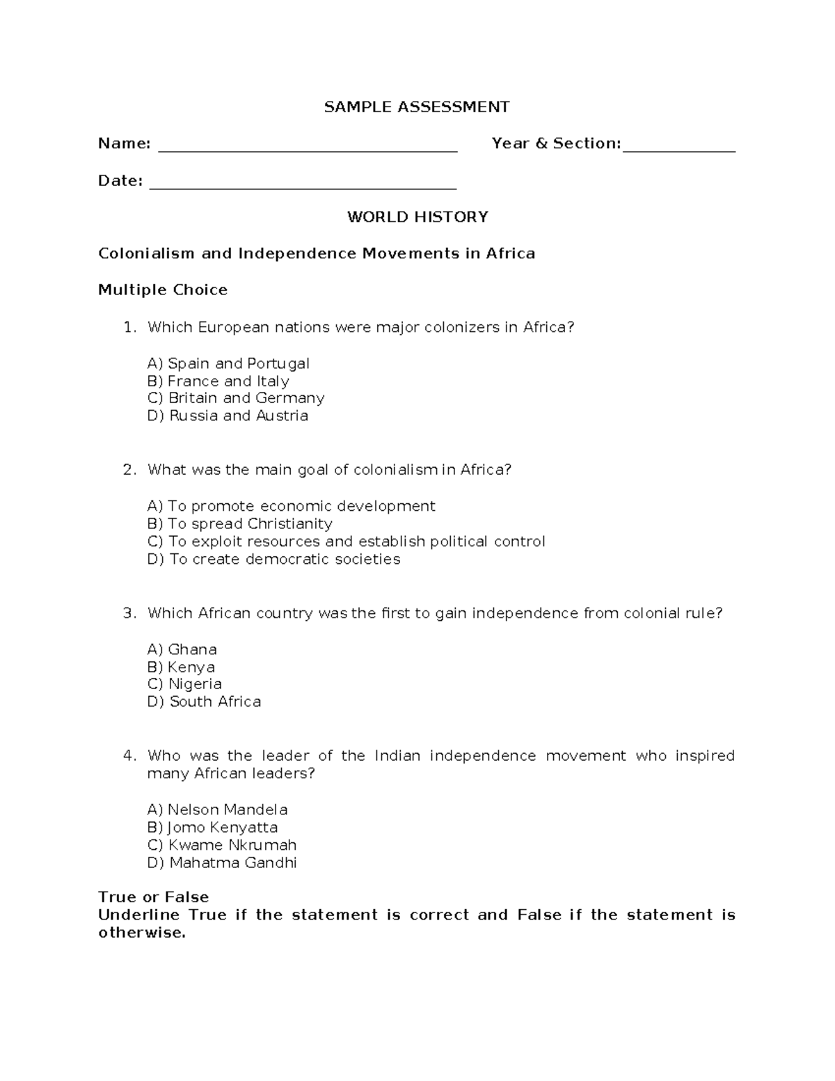 Sample Assessment - SAMPLE ASSESSMENT Name ...