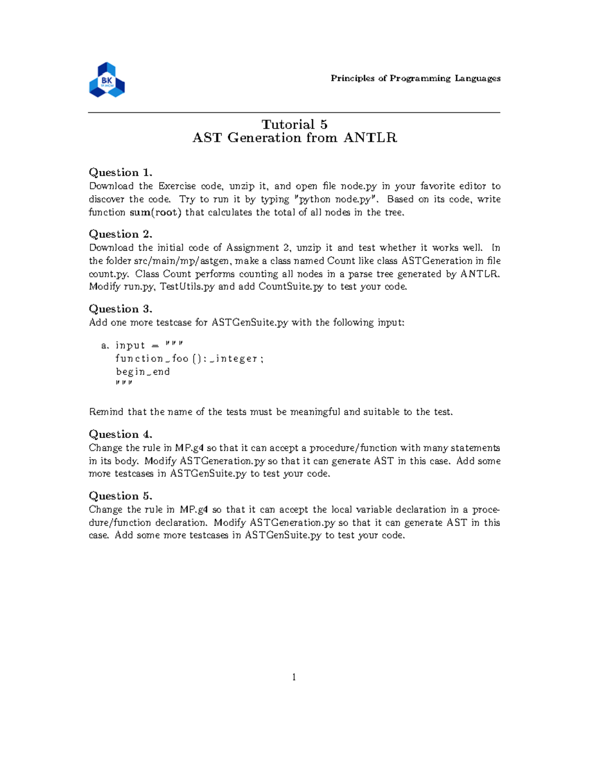 Tut5python112312345 - Principles of Programming Languages Tutorial 5 ...