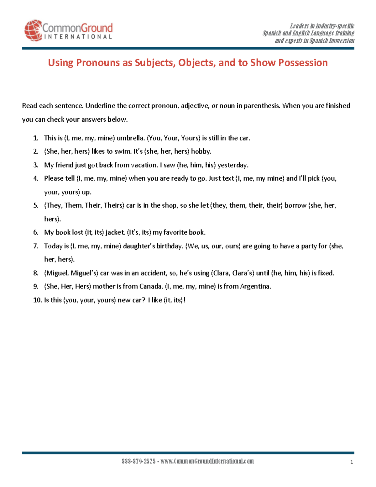 Using Pronouns as Subjects Objects and to Show Possession - Underline ...