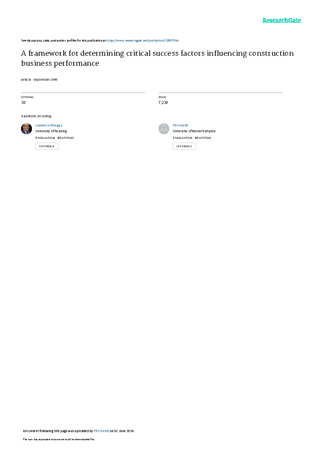 Construction A framework for determining critical success factors - See ...