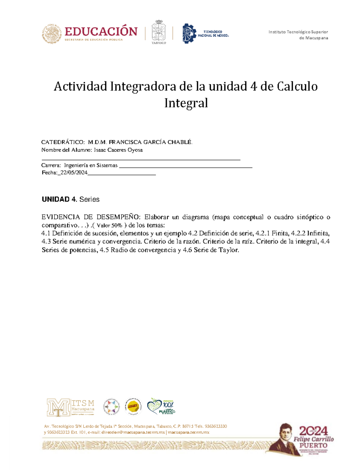 Activ integrdora CALC INT unid 4 - Actividad Integradora de la unidad 4 ...