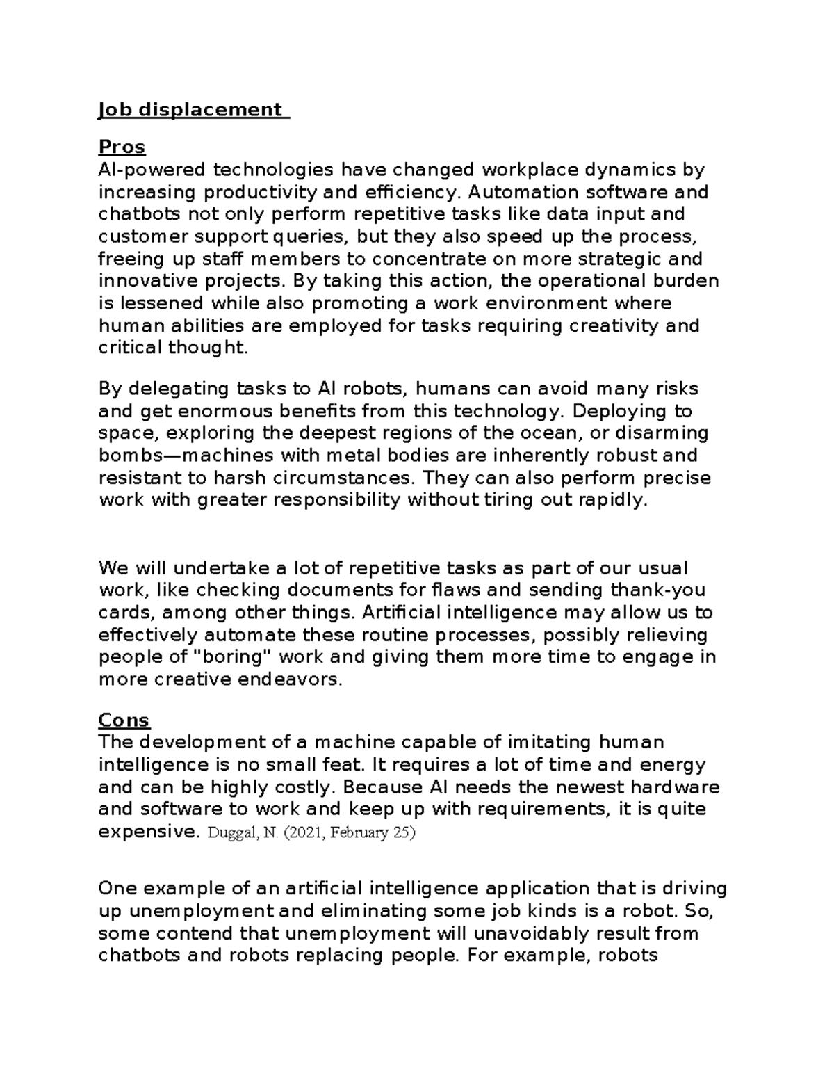 Job displacement - This doccument shows the pros and cons of ...