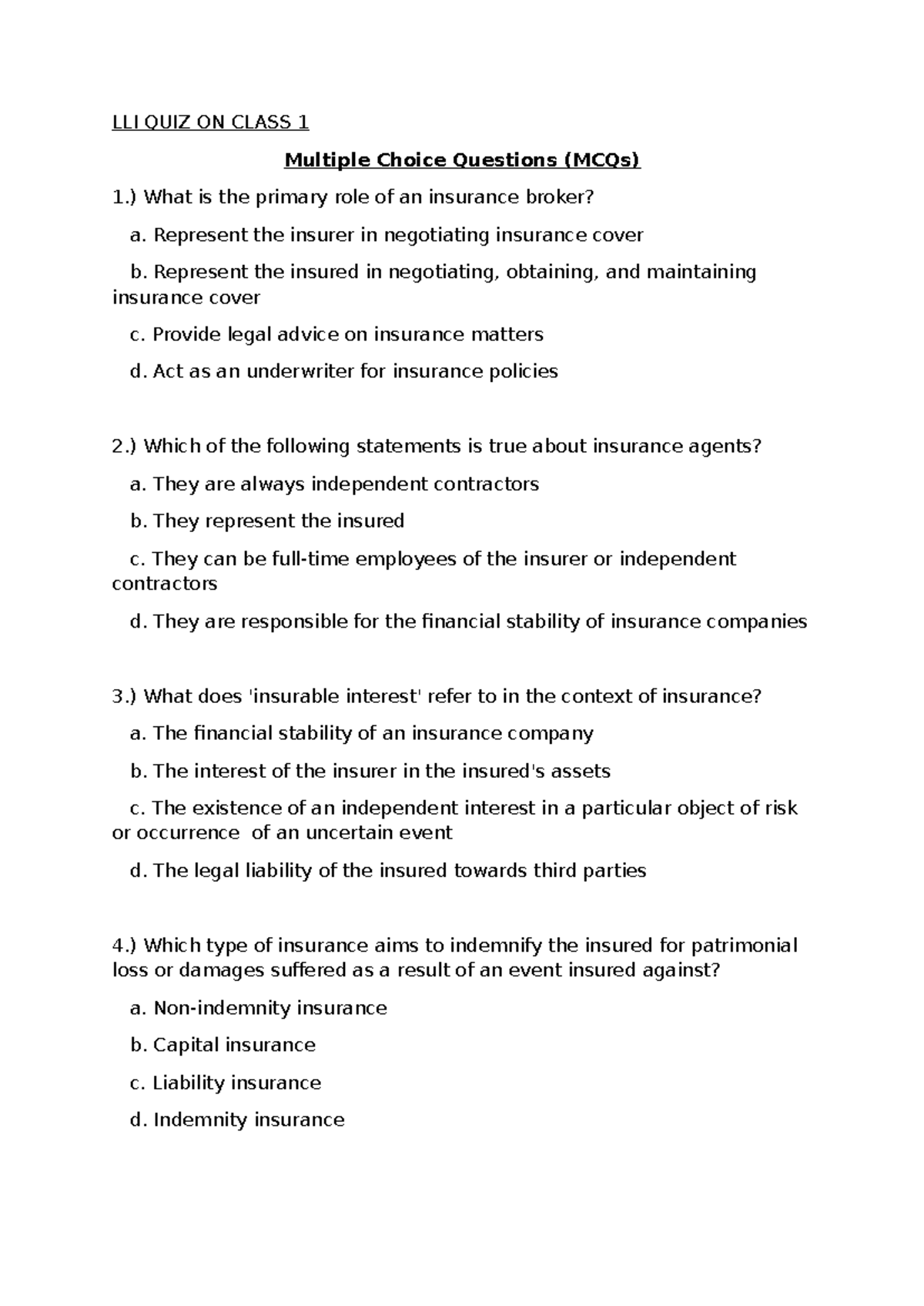 LLI QUIZ Class 1 - Quiz that will assist with understanding law of ...