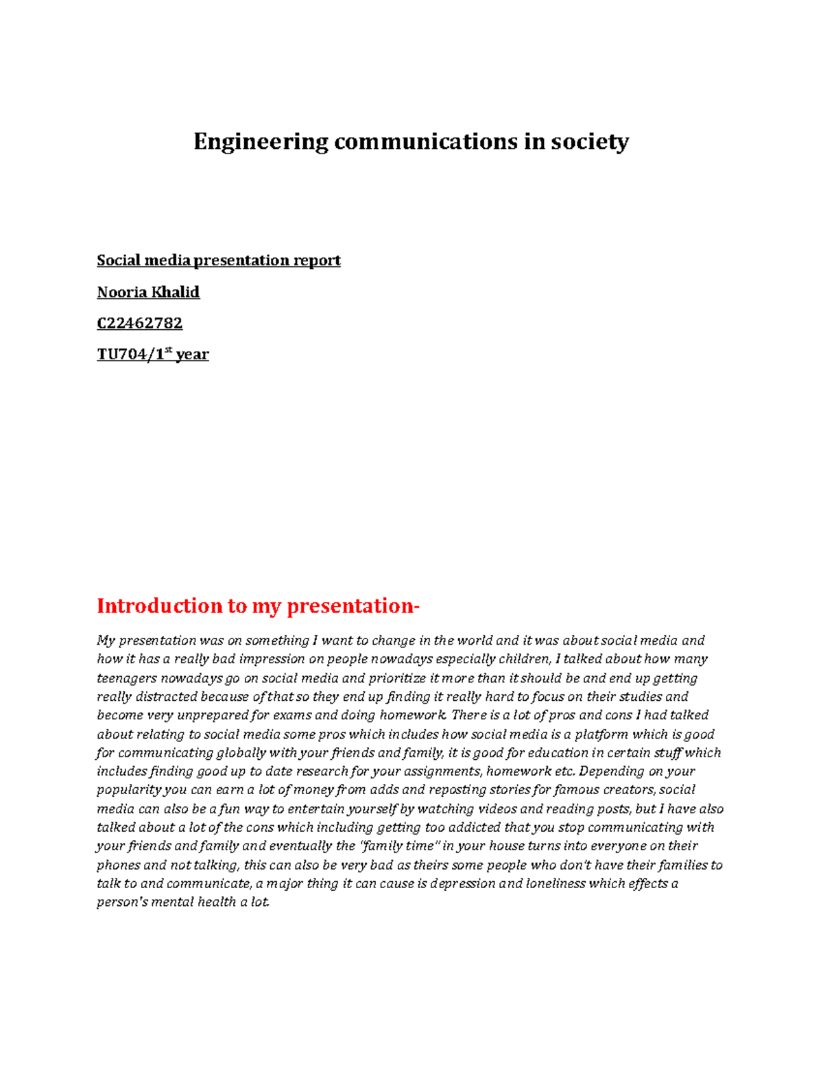 Engineering communication individual presentation report - Engineering ...