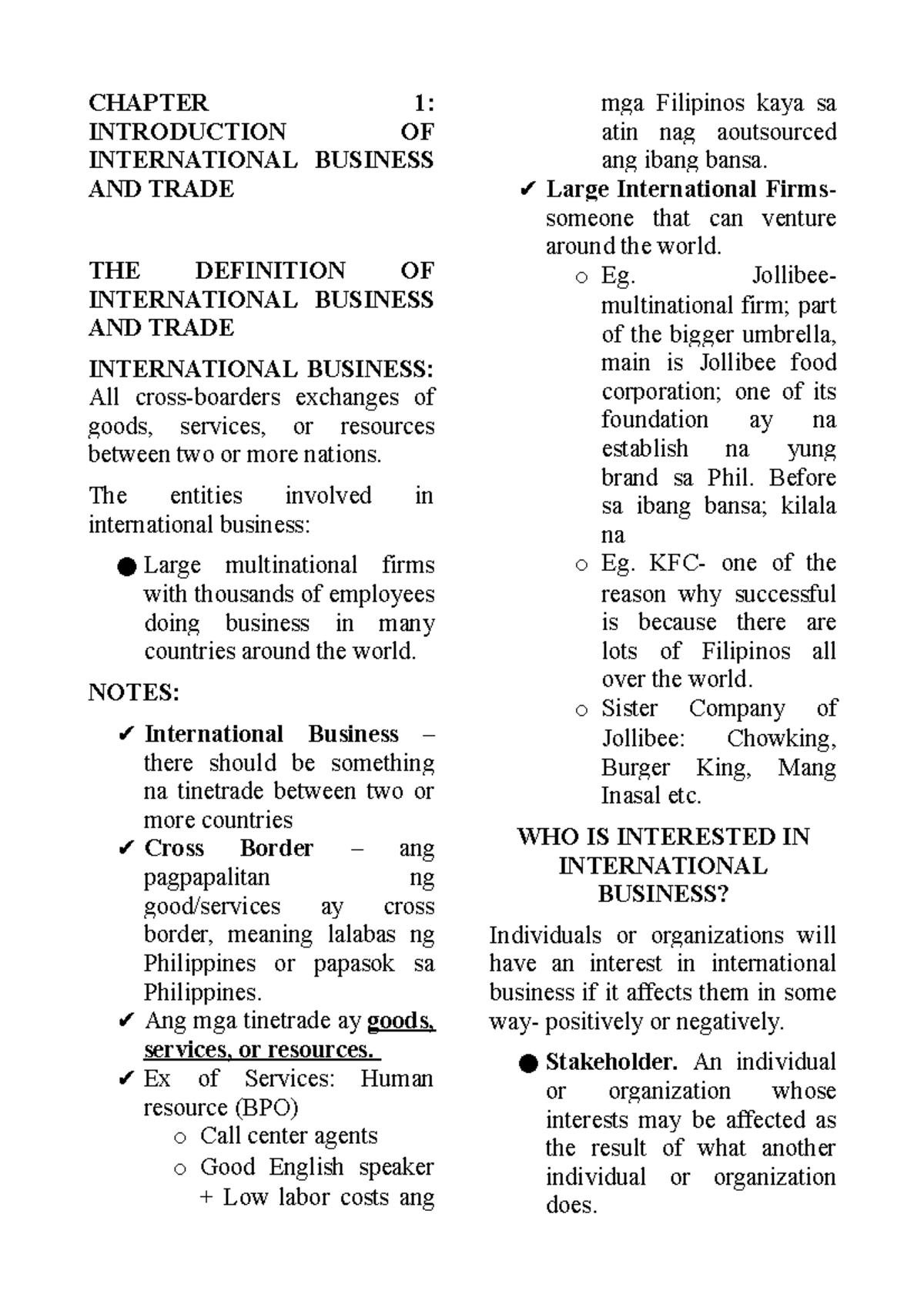 Bbbbbbb - notes - CHAPTER 1: INTRODUCTION OF INTERNATIONAL BUSINESS AND ...