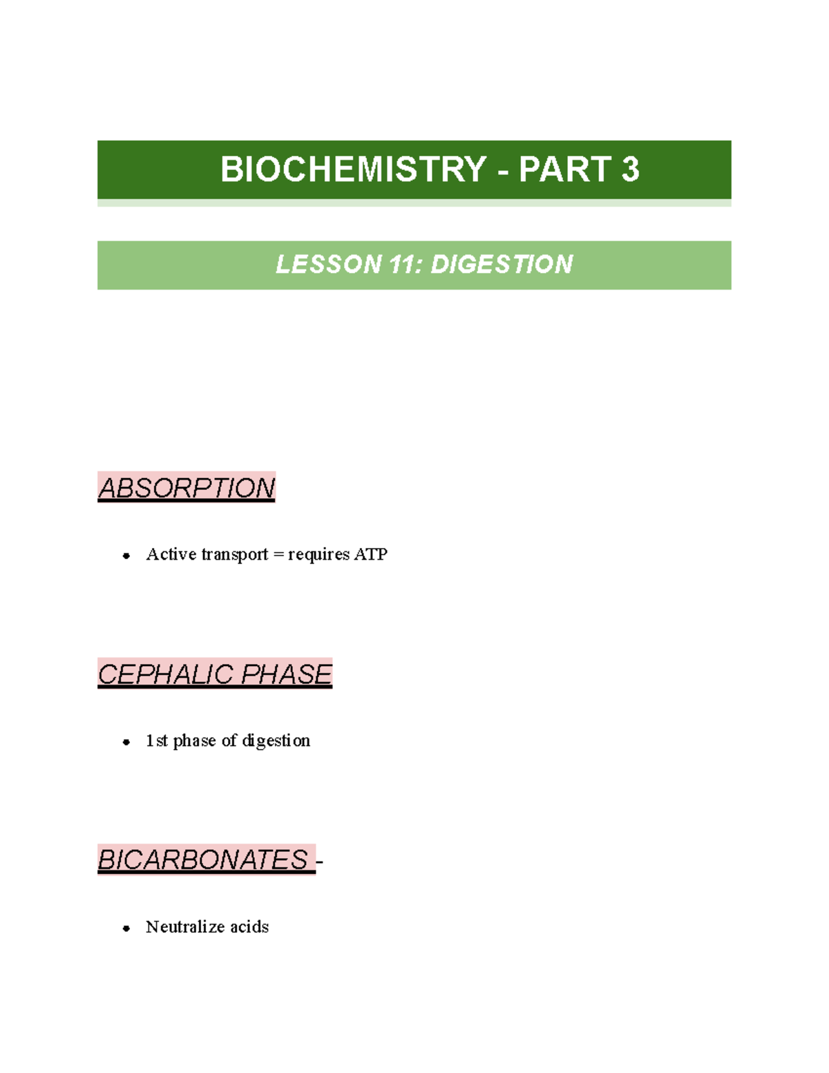 Biochemistry - PART 3 - BIOCHEMISTRY - PART 3 LESSON 11: DIGESTION ...
