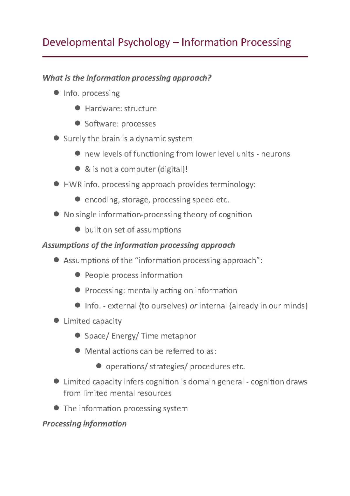 Developmental Psychology - Information Processing - processing l ...
