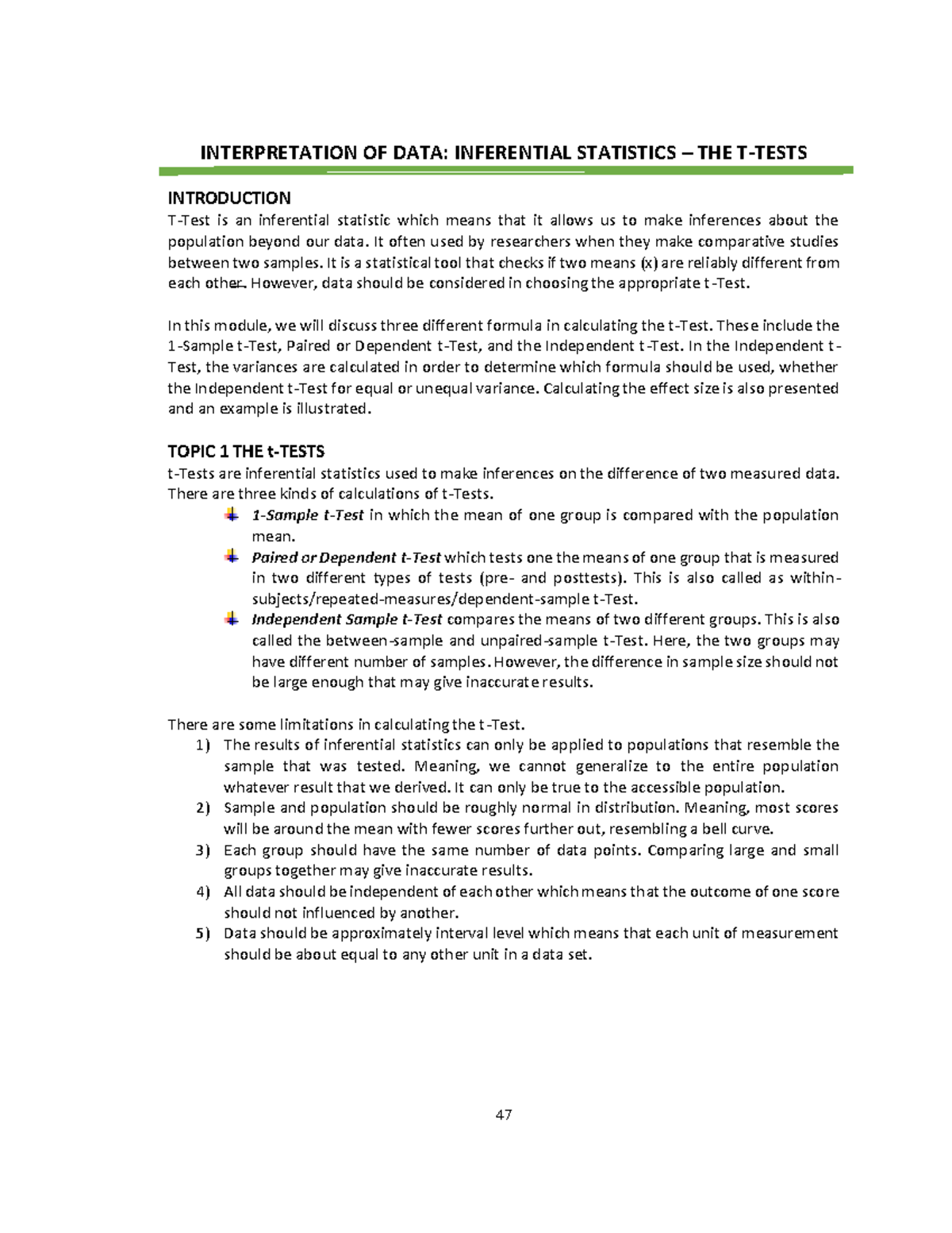 PSY 1 - PSY 1 - INTERPRETATION OF DATA: INFERENTIAL STATISTICS – THE T ...