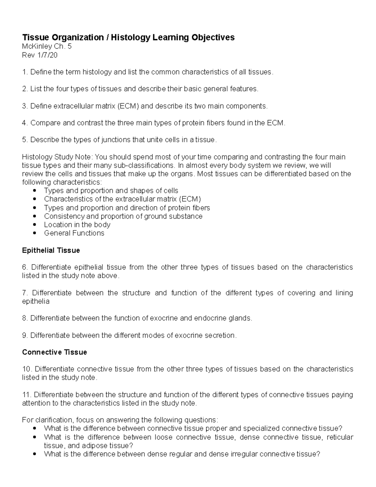 Tissue Org & Histololgy LOs Fall 20 - Tissue Organization / Histology ...