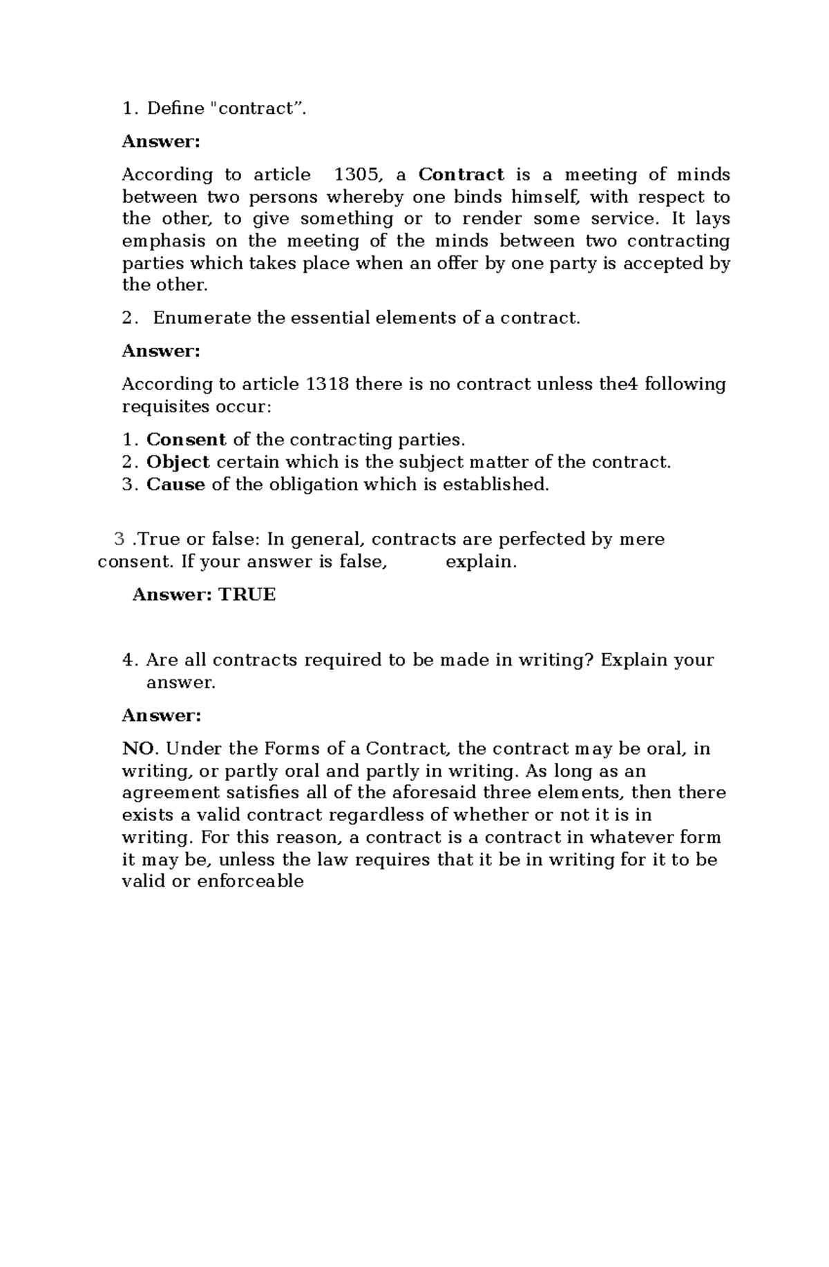 Quiz no. 2 - consent, cause , object - Define "contract”. Answer ...