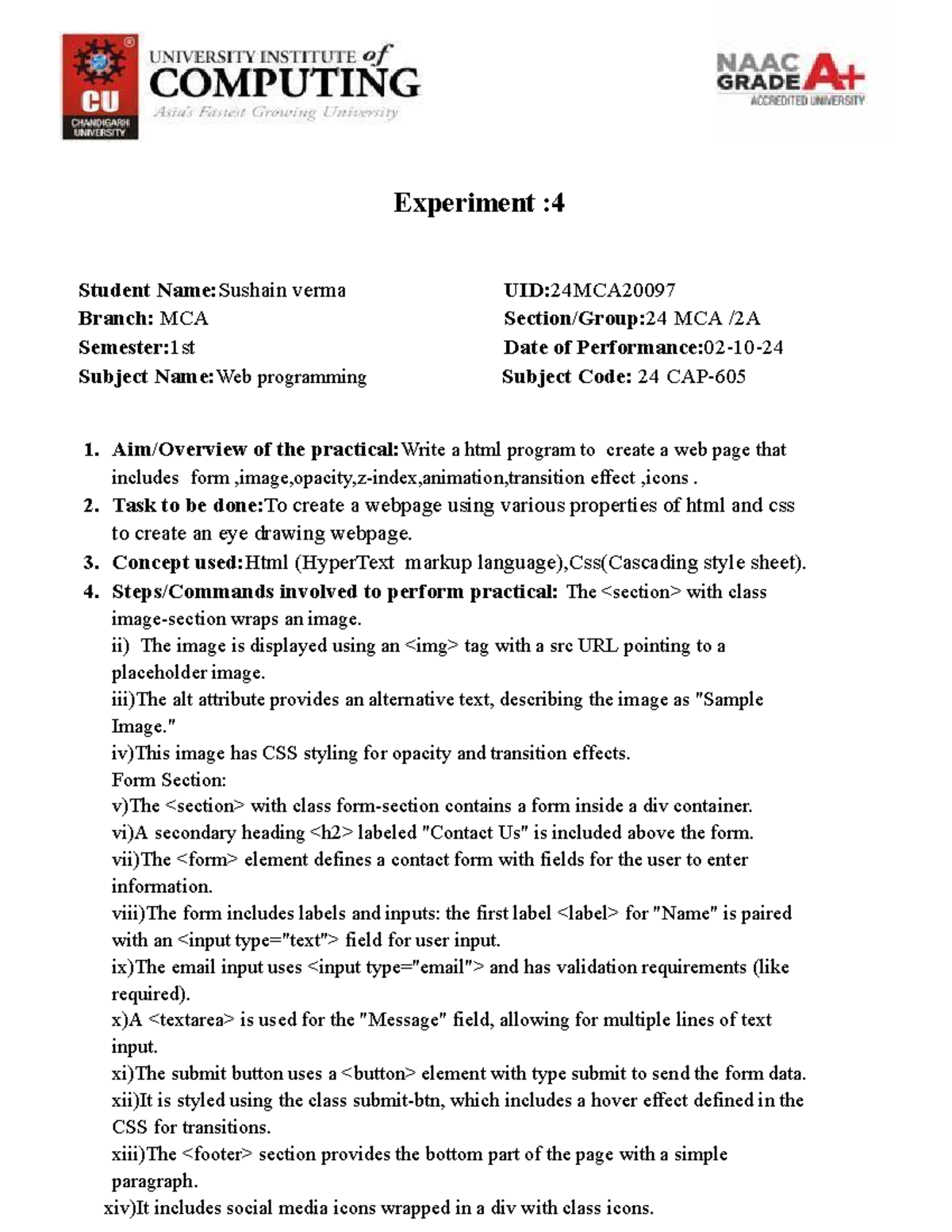 Web programming exp4 - Experiment : Student Name:Sushain verma UID:24MCA Branch: MCA - Studocu