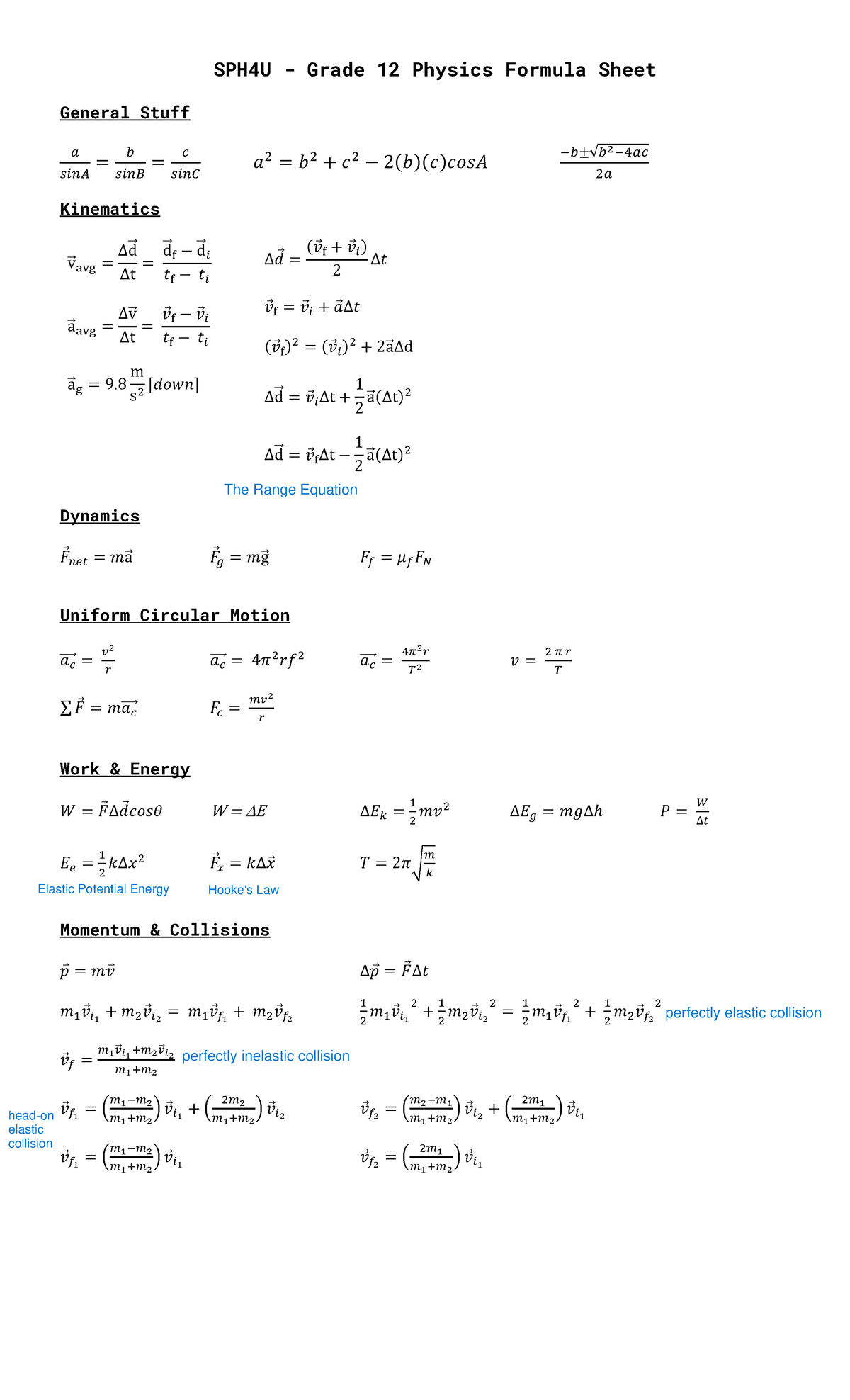 Formula Sheet Physics - Nooooo - SPH4U - Grade 12 Physics Formula Sheet ...