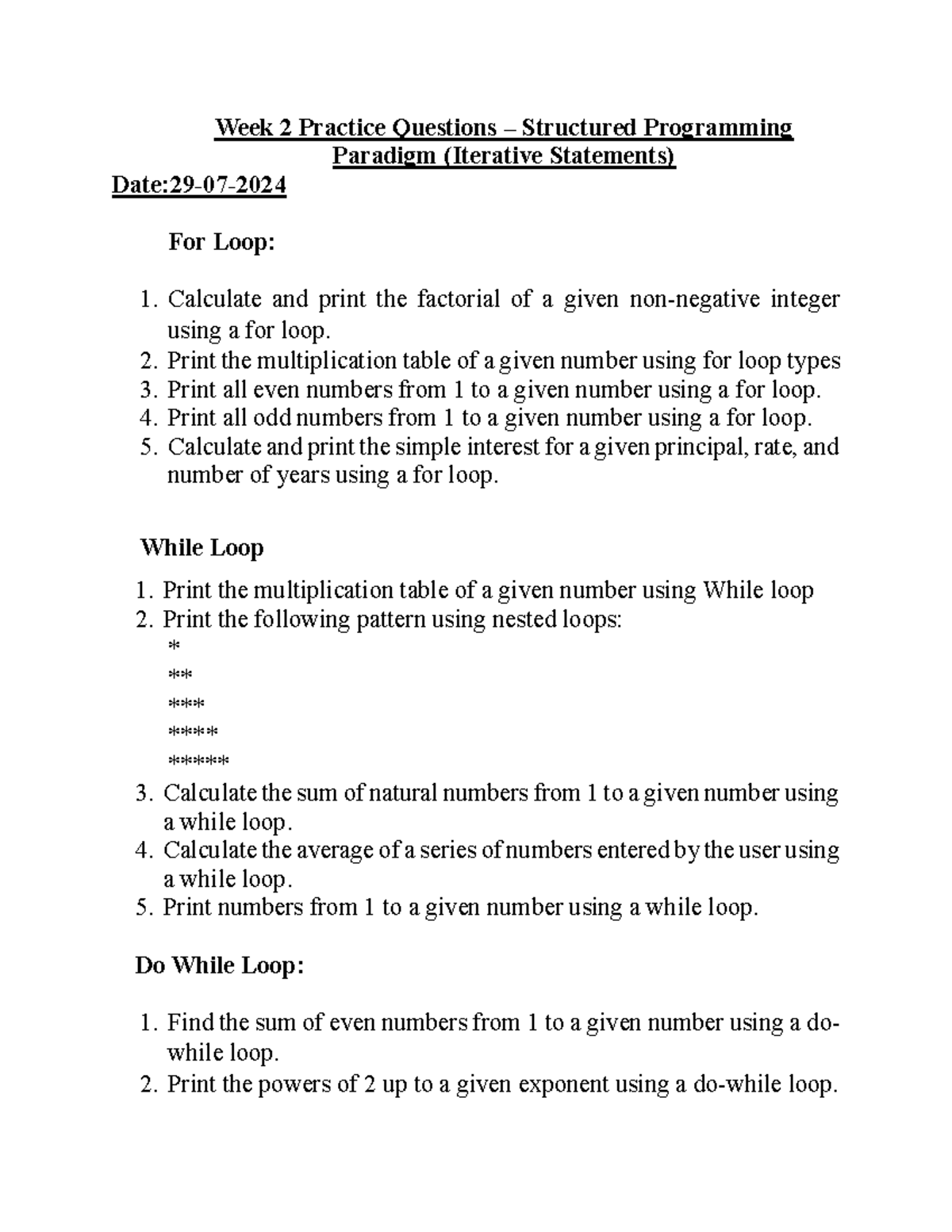 Week2 practice set - programs - Week 2 Practice Questions – Structured Programming Paradigm ...