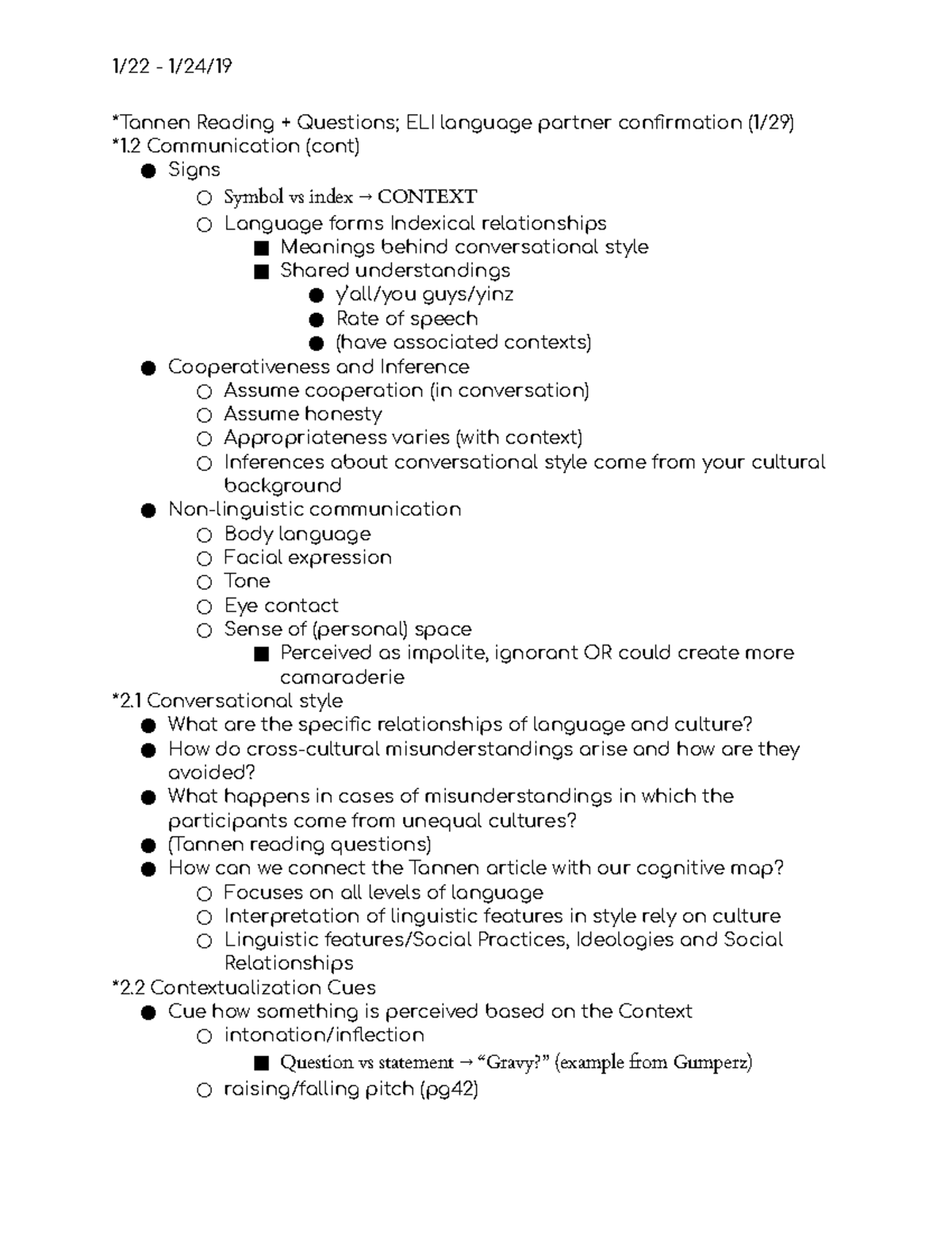 Week 3 Cross Cultural Communication - 1/22 - 1/24/ *Tannen Reading ...