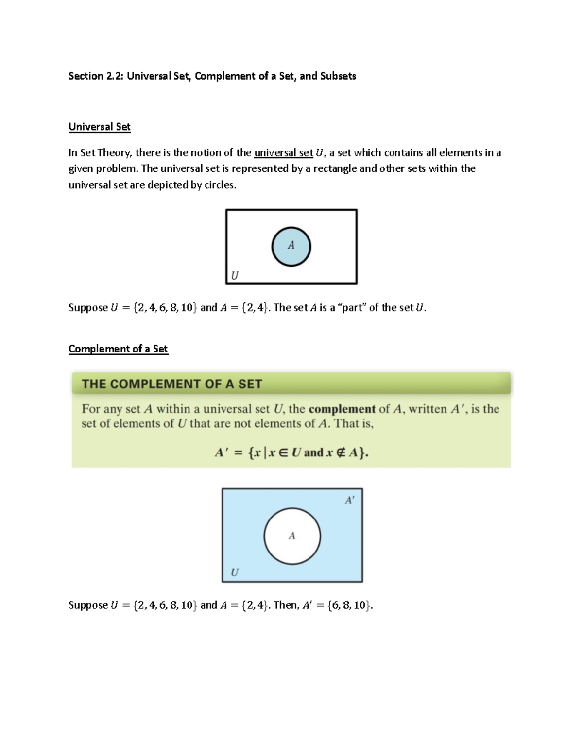 Section 2.2 - Professor Tromp - Section 2: Universal Set, Complement of ...
