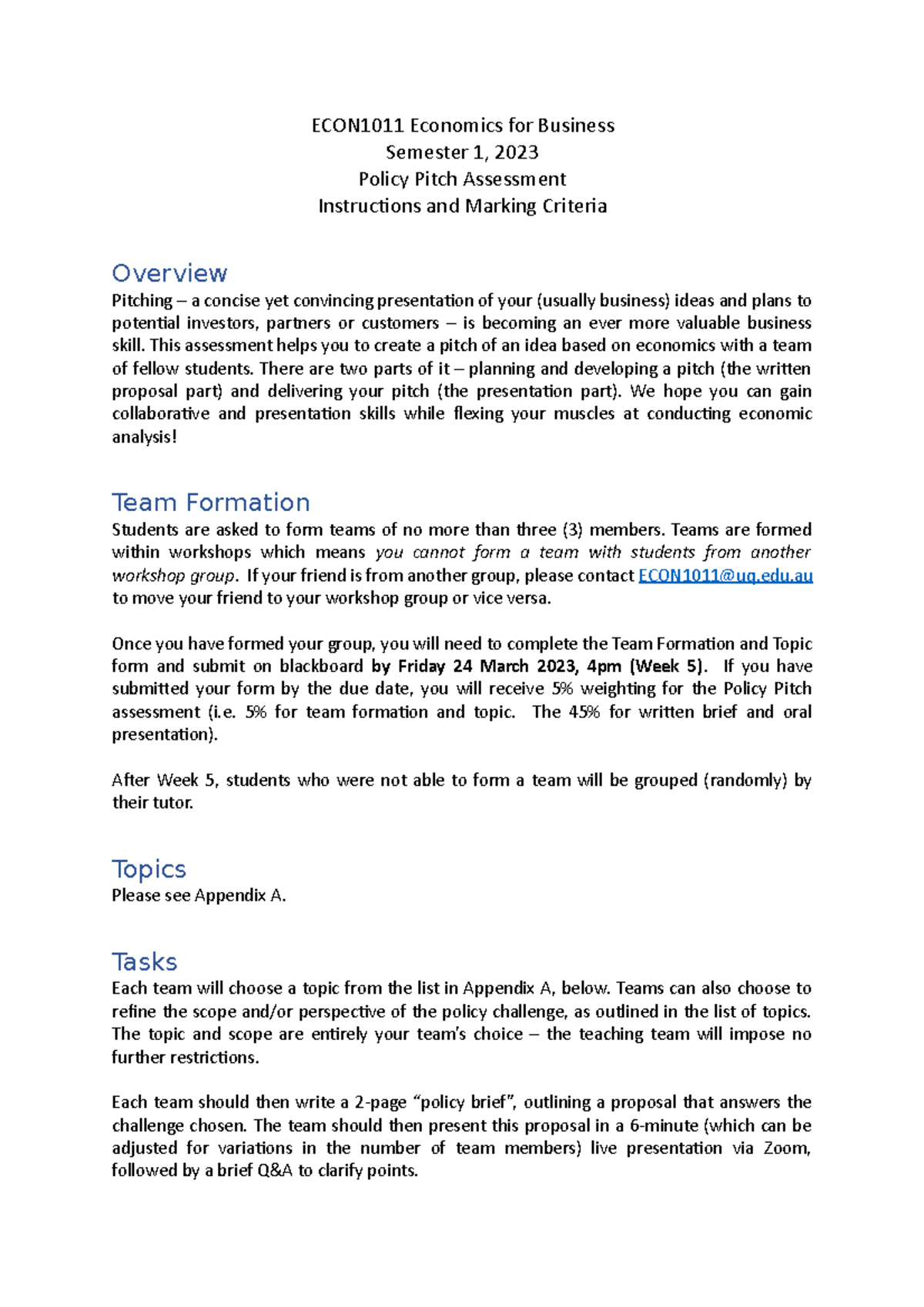 Policy Pitch (S1 2023) - ECON - ECON1011 Economics for Business ...