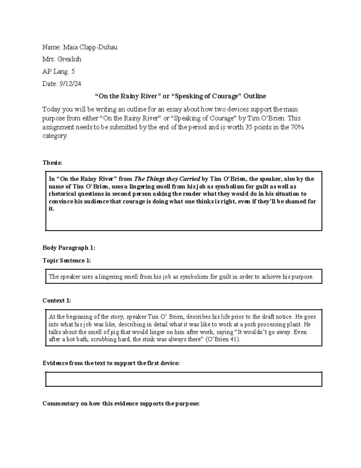 "On the Rainy River" by Tim O'Brien - Rhetorical Analysis Essay Outline ...