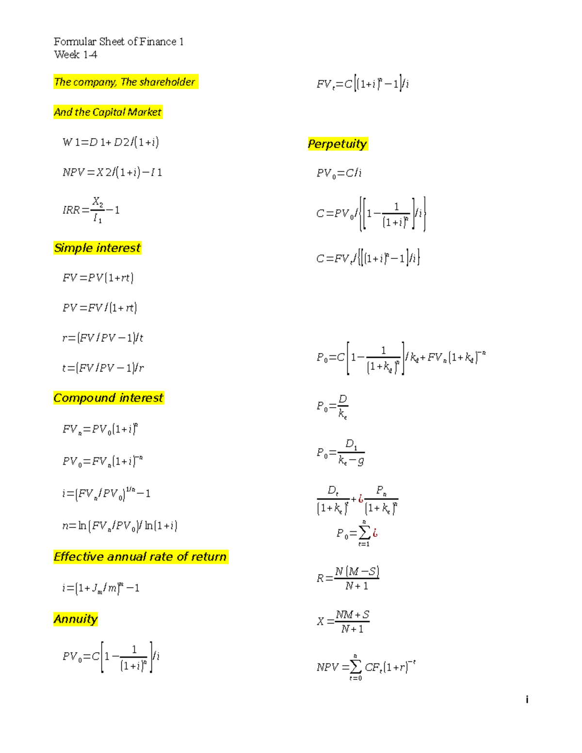 EFB210 Formula sheet mid(1)(1) - Formular Sheet of Finance 1Week 1- The ...