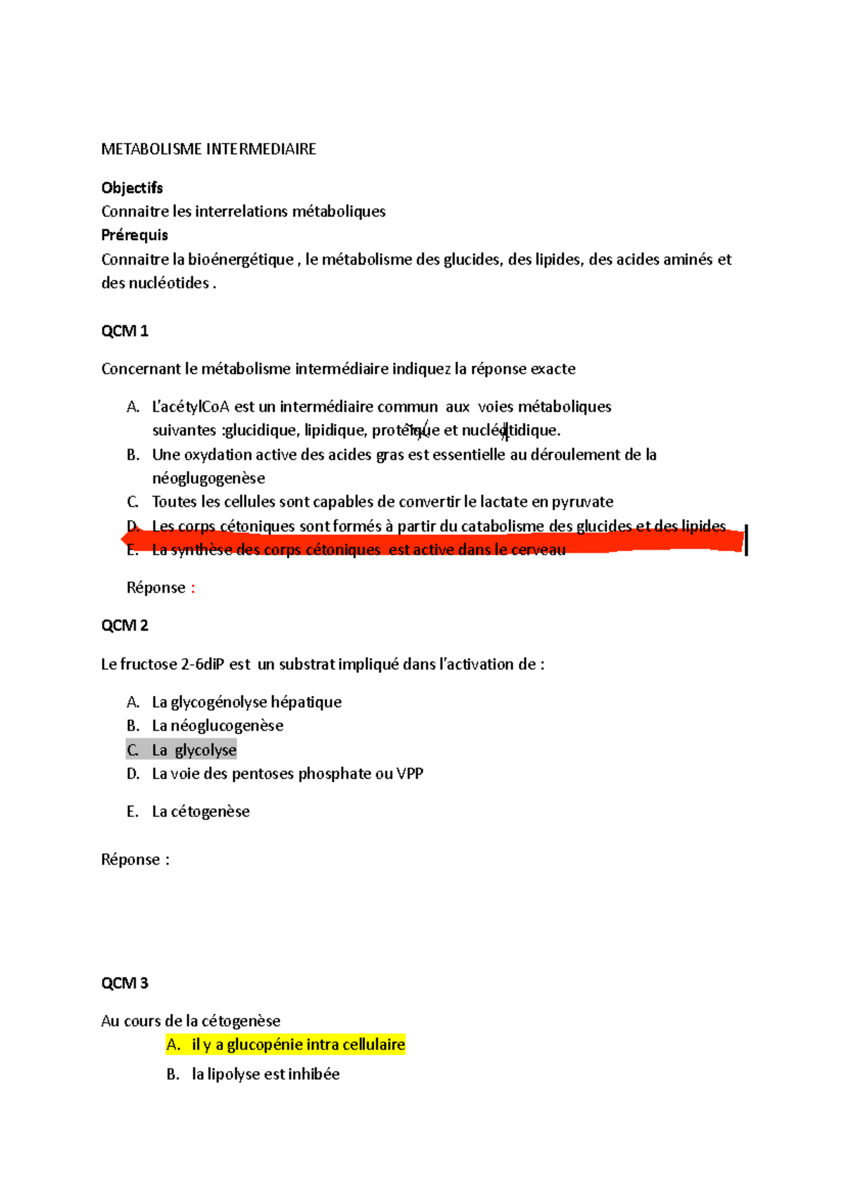 Exs 2b - exercices - METABOLISME INTERMEDIAIRE Objectifs Connaitre les interrelations ...