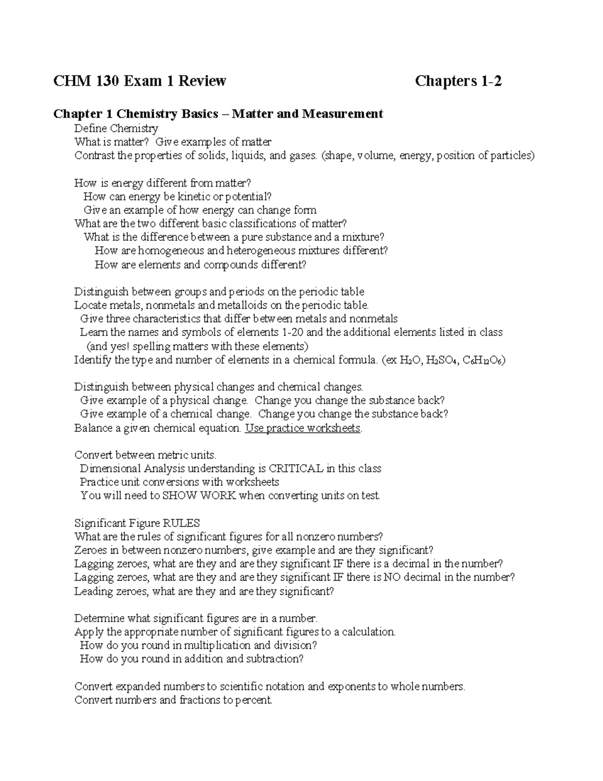 CHM 130 Exam 1 Review Chapters 1-2 - CHM 130 Exam 1 Review Chapters 1 ...