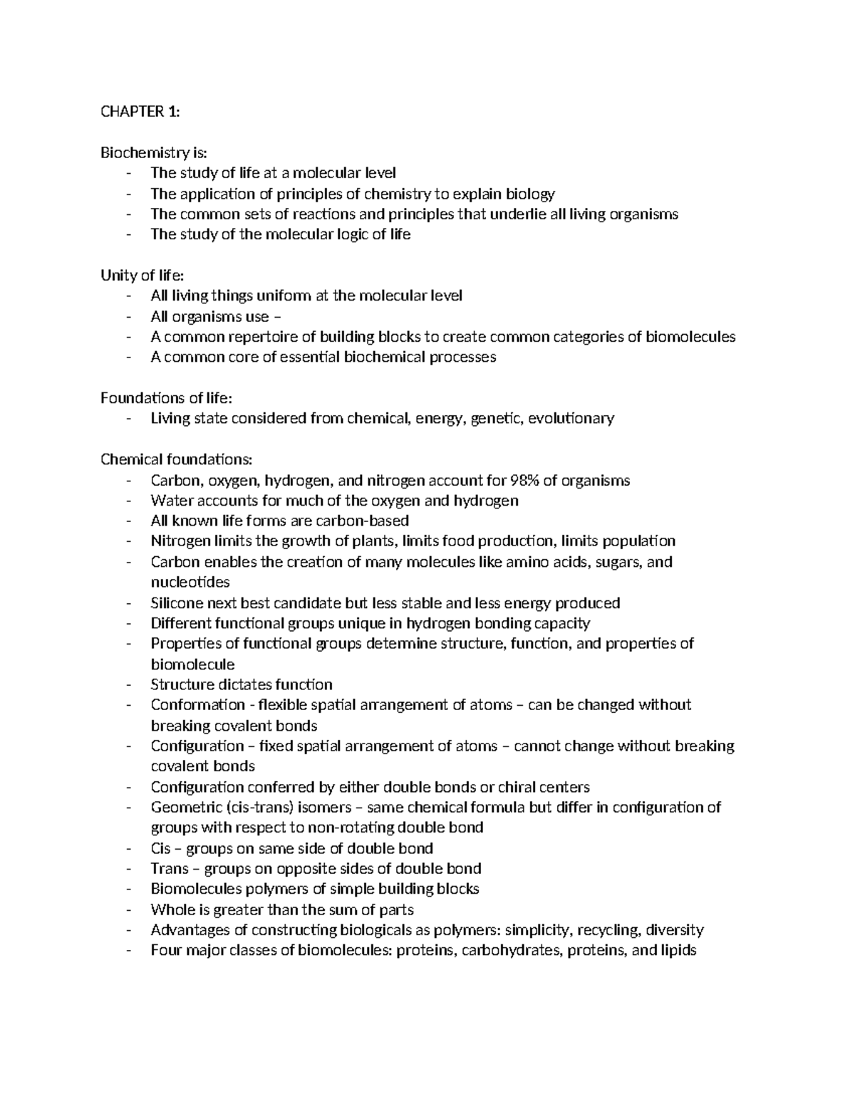 BMSC200 Study Notes - Summary Biomolecules - CHAPTER 1: Biochemistry is ...