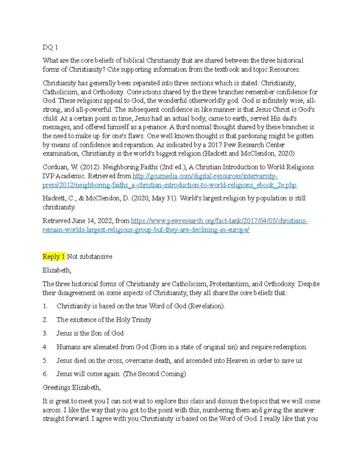 Week 1 World Religion - DQ Questions with answer with responses to ...