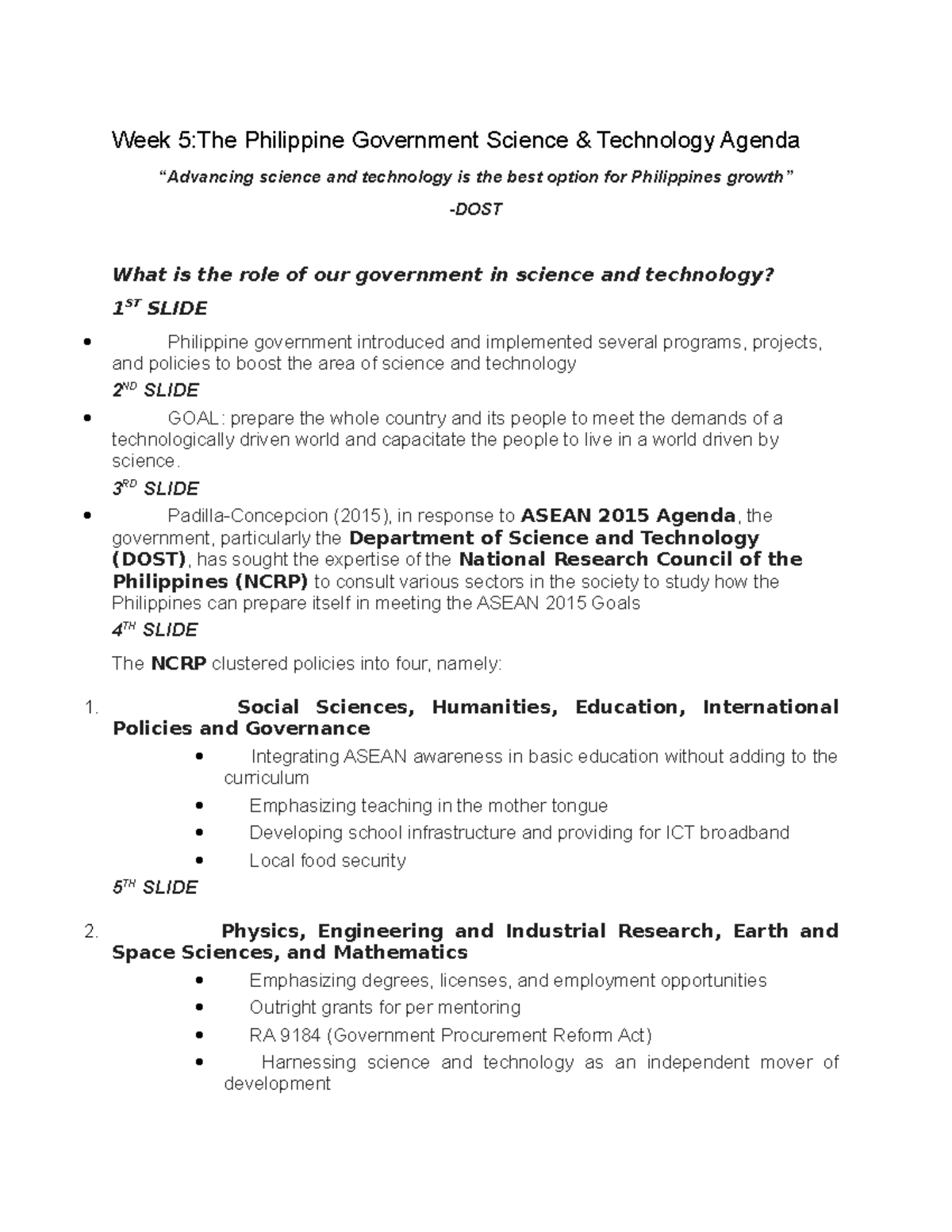 STS - sts reviewer - Week 5:The Philippine Government Science ...