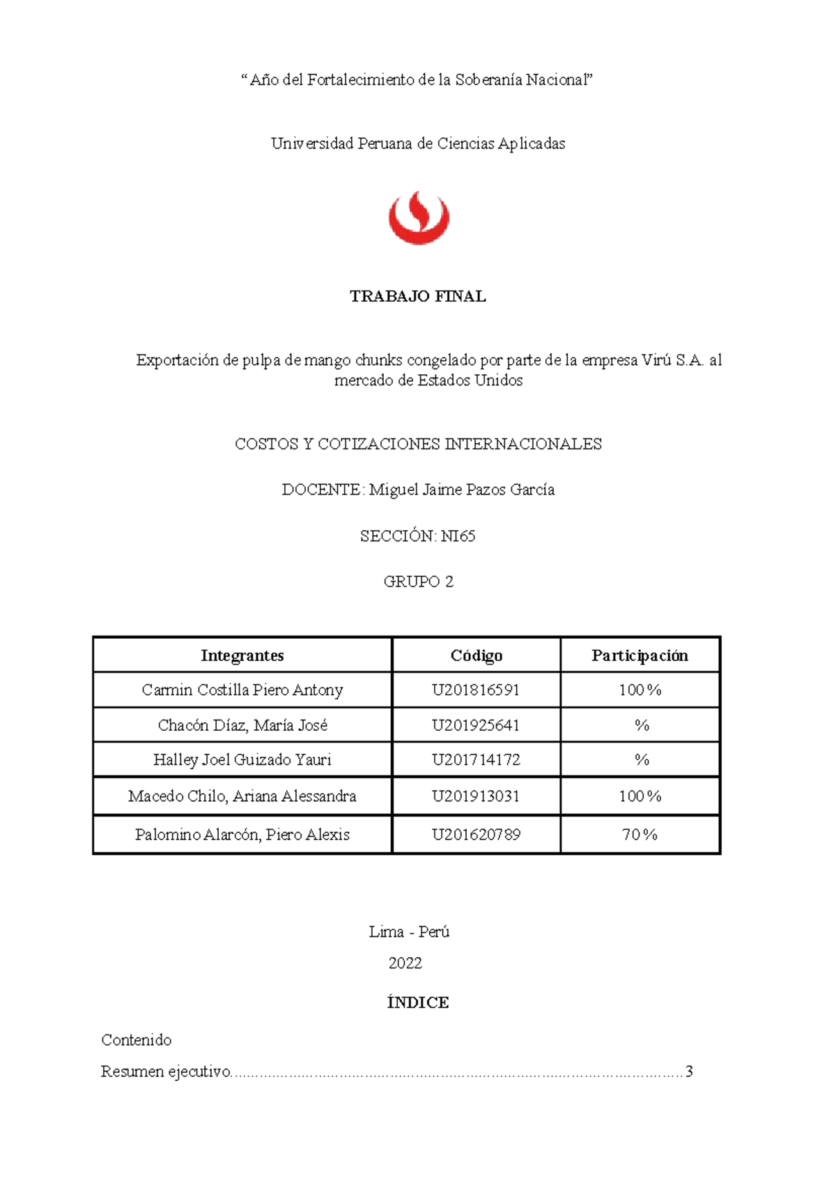 Trabajo Final Empresa VIRÚ S - “Año del Fortalecimiento de la Soberanía ...
