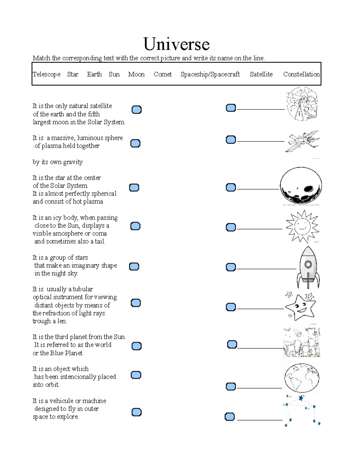 Components Of The Universe Worksheet