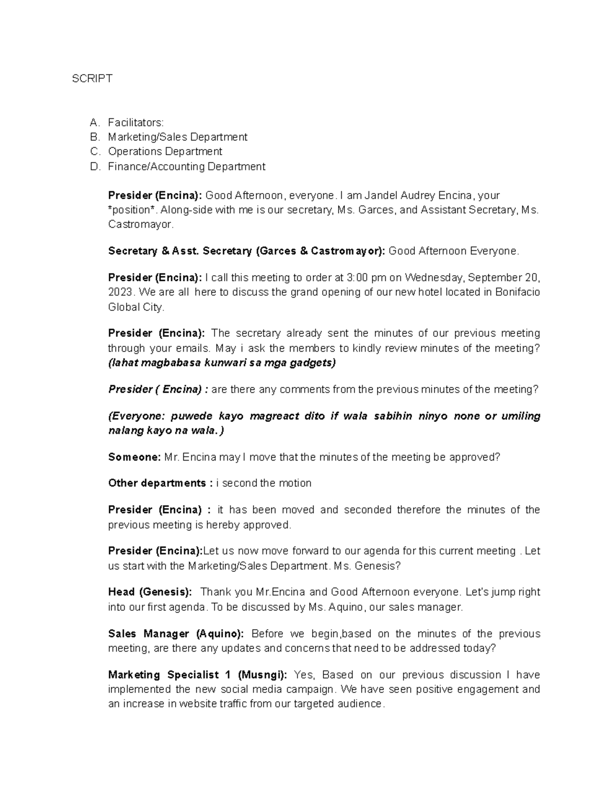 Script for BTW - qddgtdf - SCRIPT A. Facilitators: B. Marketing/Sales ...