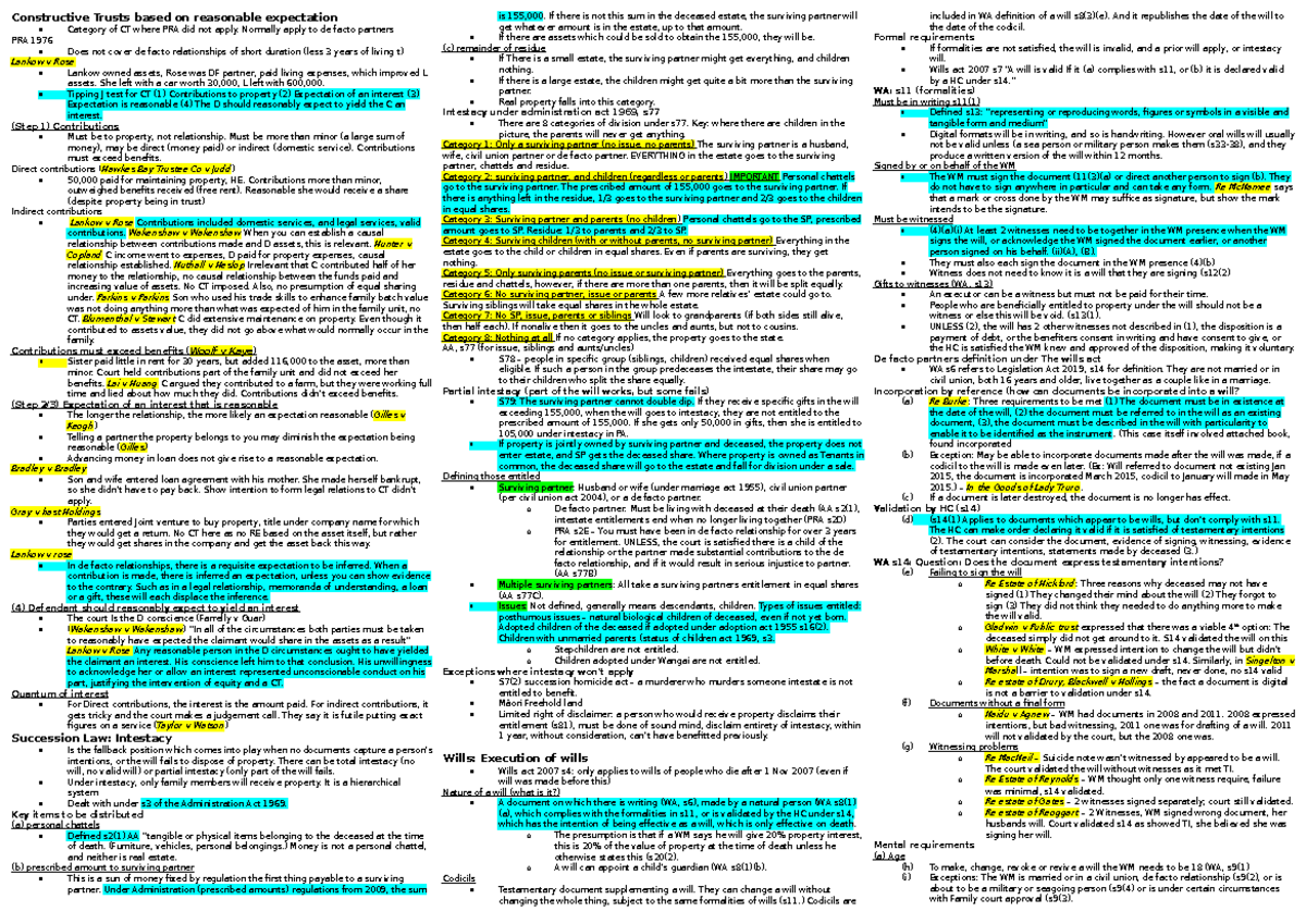 Equity Final Cheat Sheet - Constructive Trusts based on reasonable ...