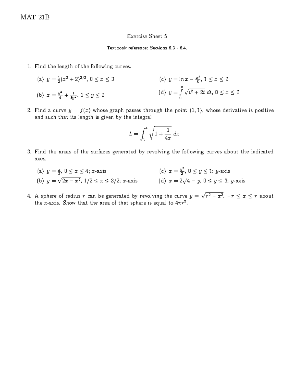 21B-Exercise Sheet 5 - Practice questions for integration - MAT 21B ...