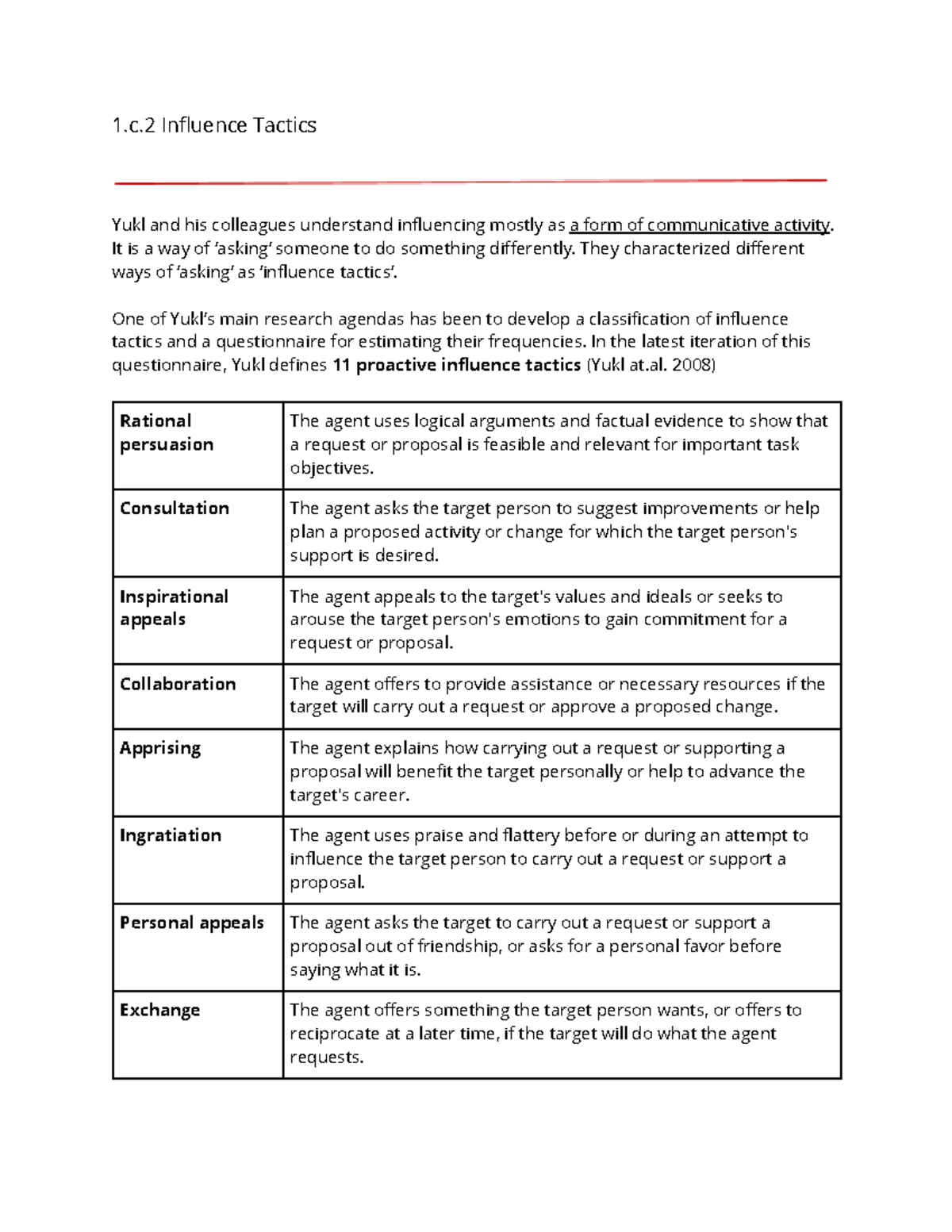 1.c.2 Influence Tactics - 1.c Influence Tactics Yukl and his colleagues ...
