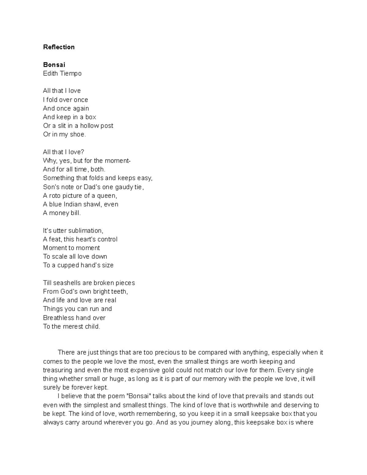 Reflection and Interpretation - Reflection Bonsai Edith Tiempo All that ...