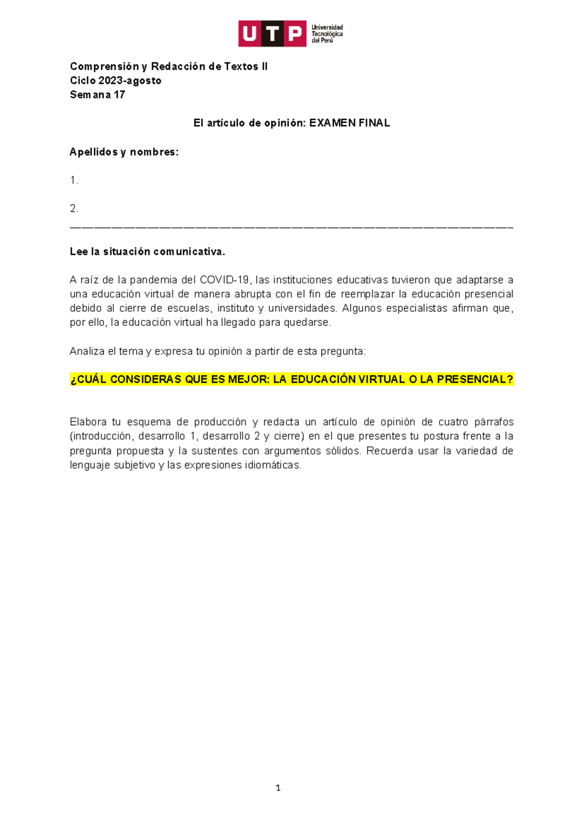 S17- Formato Esquema Examen Final - Comprensión y Redacción de Textos II Ciclo 2023-agosto ...