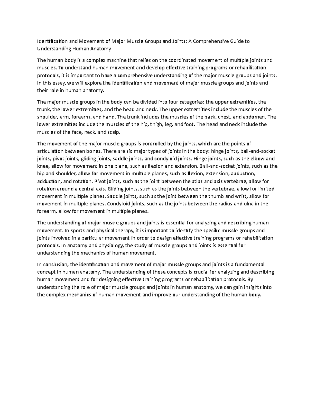 Identification and Movement of Major Muscle Groups and Joints - To ...