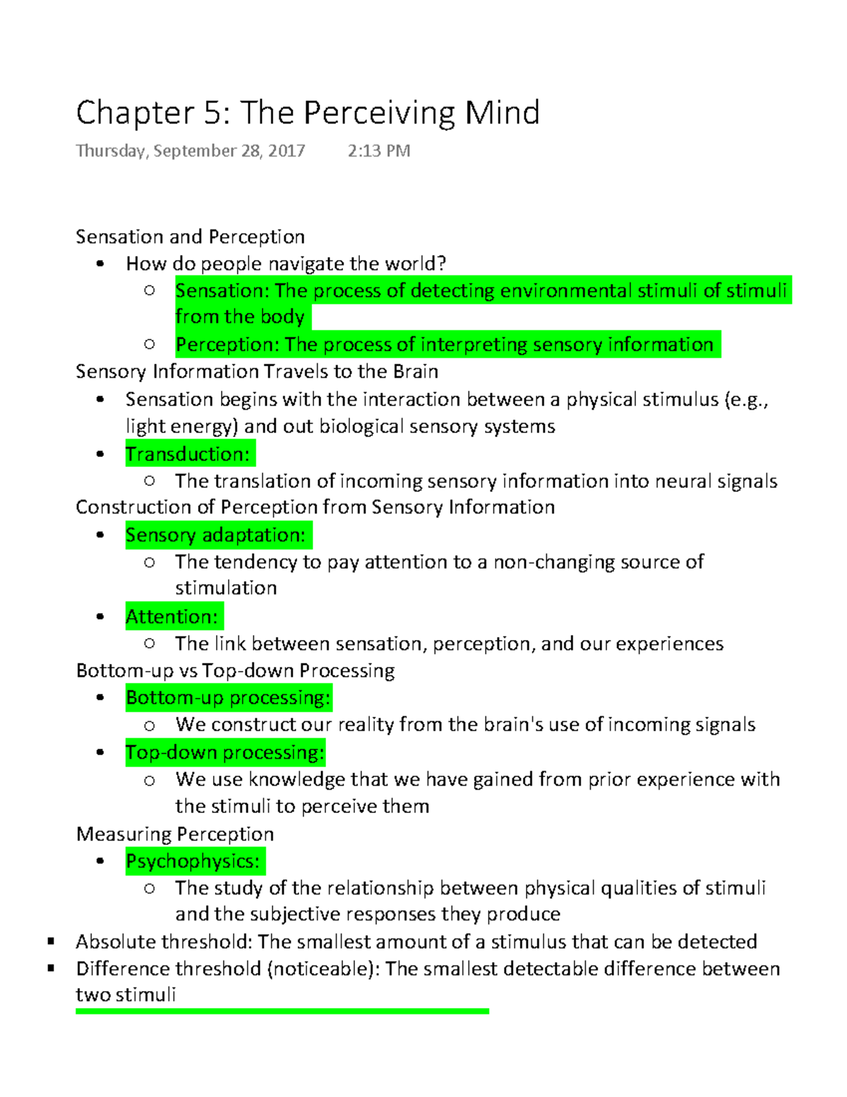 Chapter 5 - Lecture notes - Sensation and Perception How do people ...
