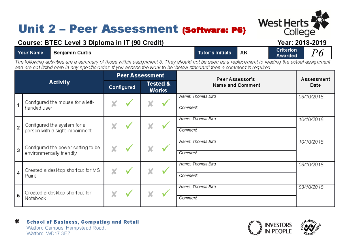 Assignment 5 Peer marking sheet - unit 2 - configuration-P6 - Course ...
