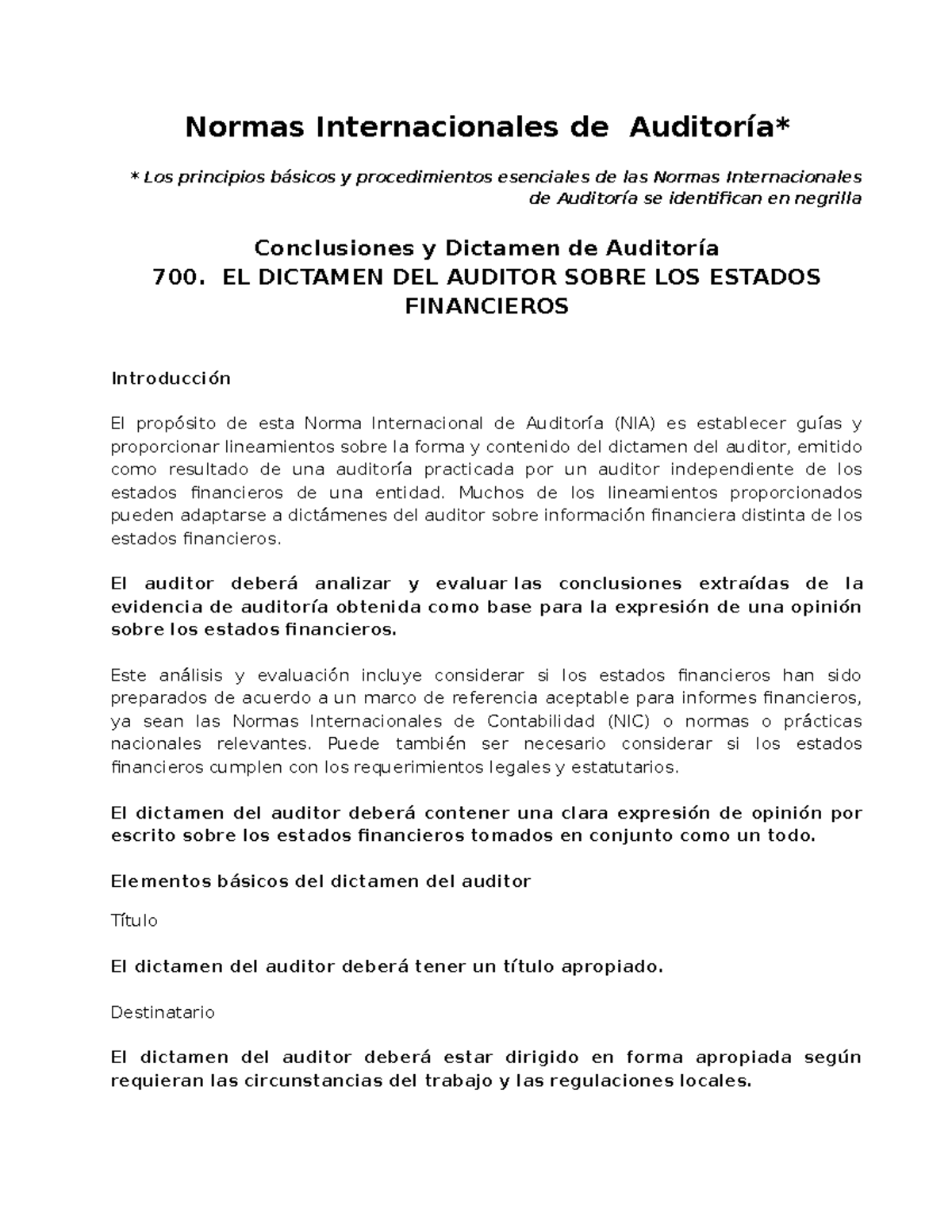 Estructura Informe Auditoria NIA 700-701 - Normas Internacionales de ...