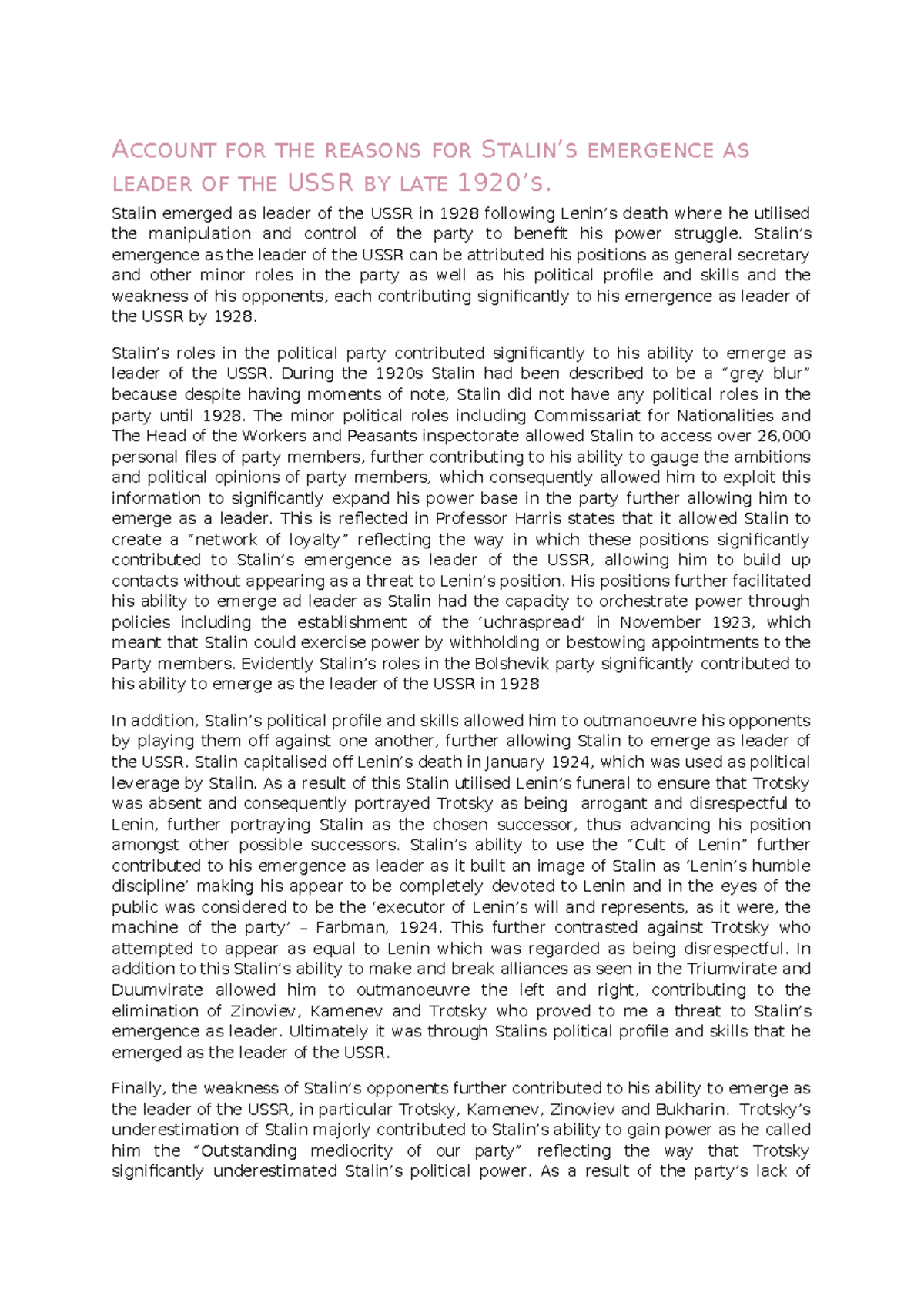 Account for the reasons for Stalin rose to power - ACCOUNT FOR THE ...