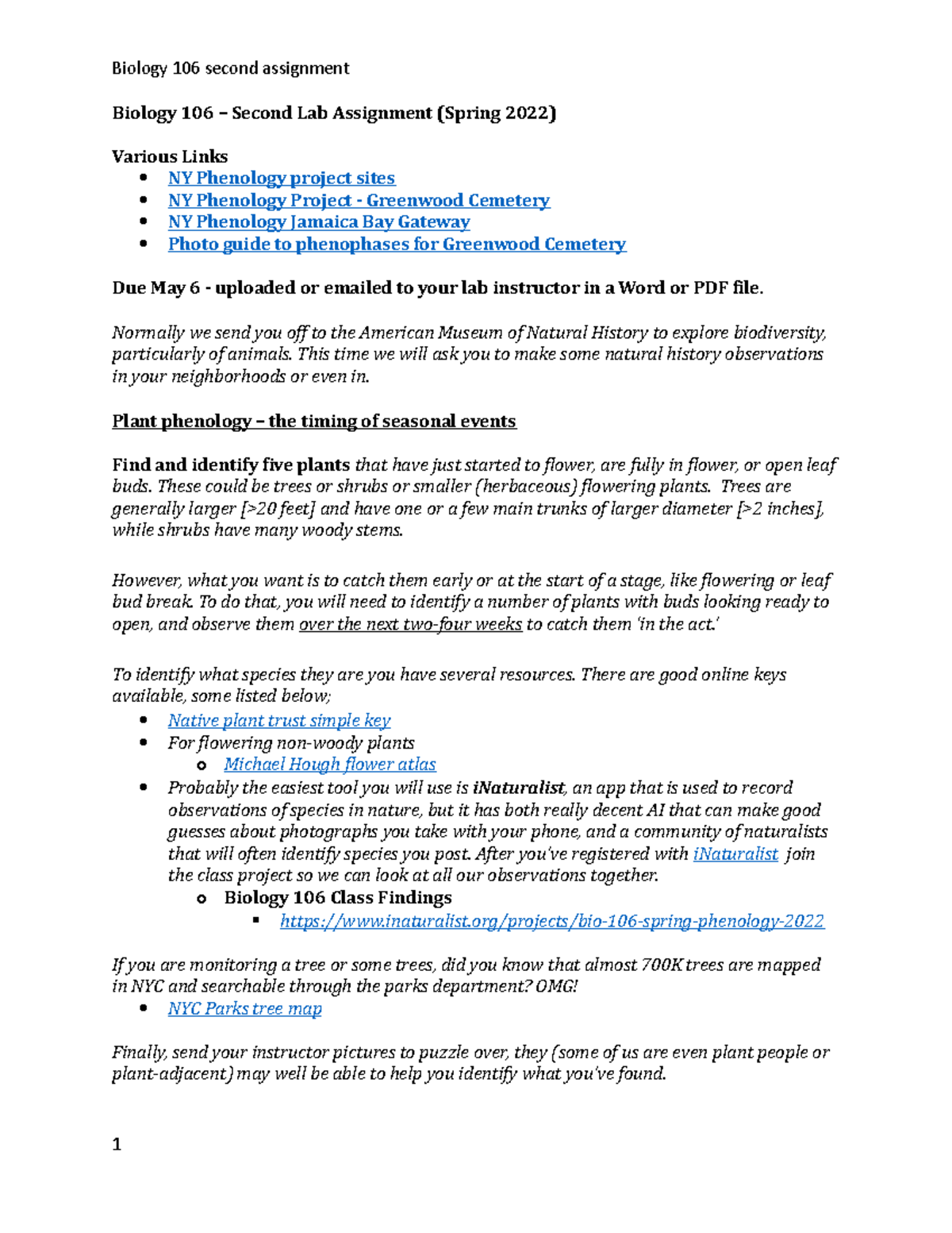 Bio106 Second Lab Project Phenology Spring 2022 - Biology 106 – Second ...