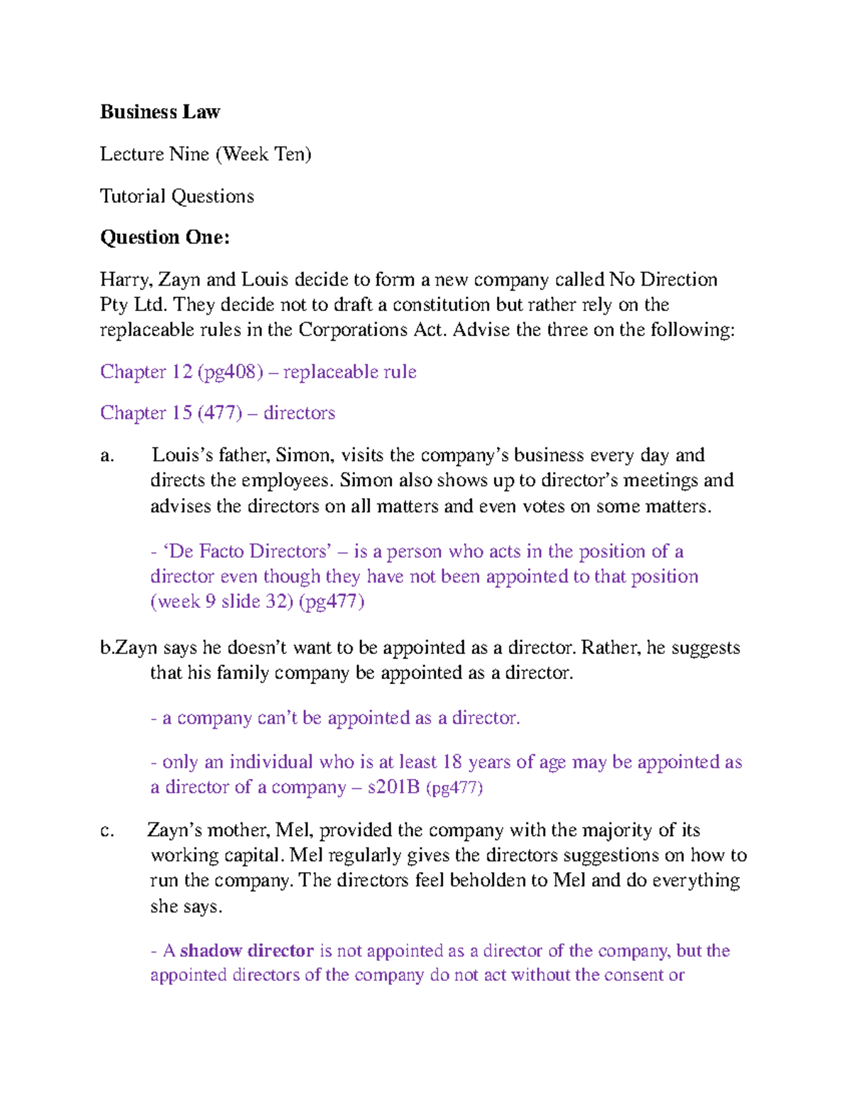 BL TUT 9 - tut9 - Business Law Lecture Nine (Week Ten) Tutorial Questions Question One: Harry ...