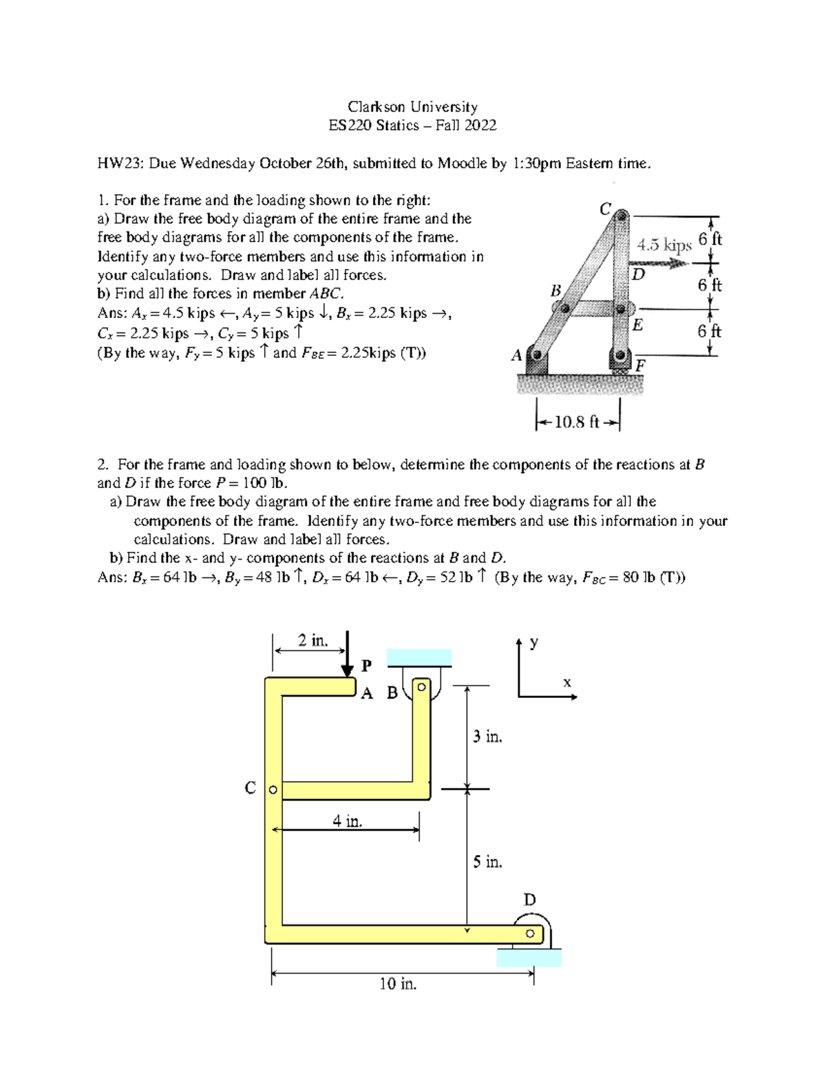 HW23 Assignment - lmlml - Clarkson University ES220 Statics – Fall 2022 ...