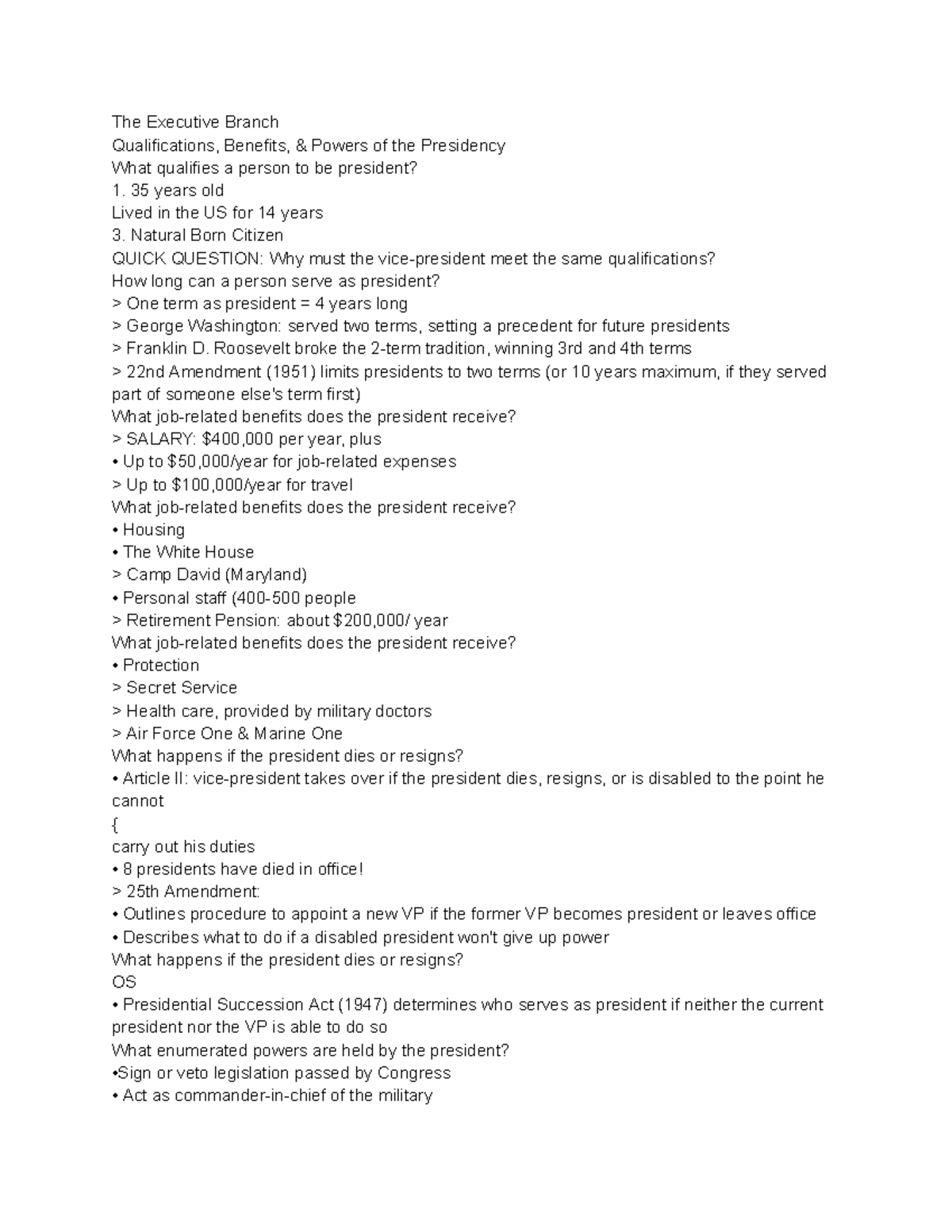 Civics notes 5 8 - The Executive Branch Qualifications, Benefits ...