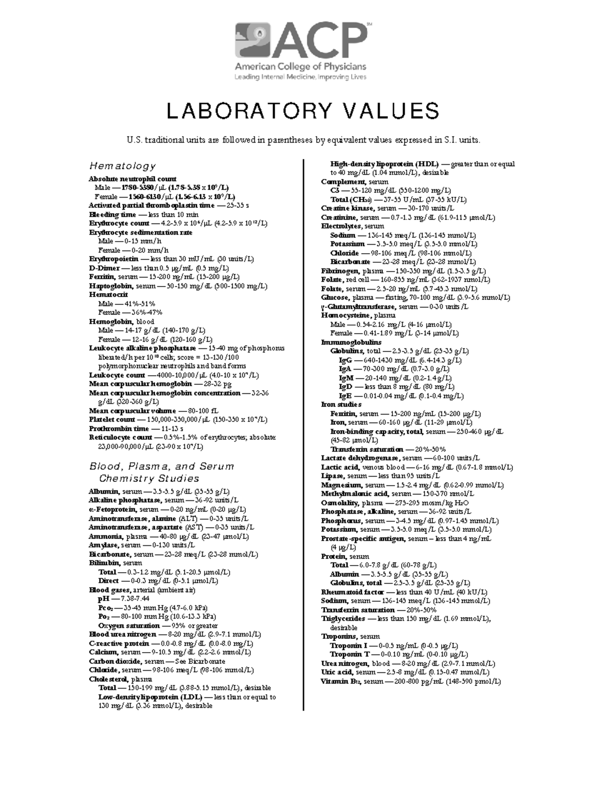 Normal lab values Nursing LABORAT ORY V ALU ES U Traditional Units