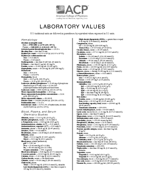 Lab Values Table PSAP - nursing - Pharmacotherapy Self-Assessment Program ® REFERENCE VALUES FOR ...