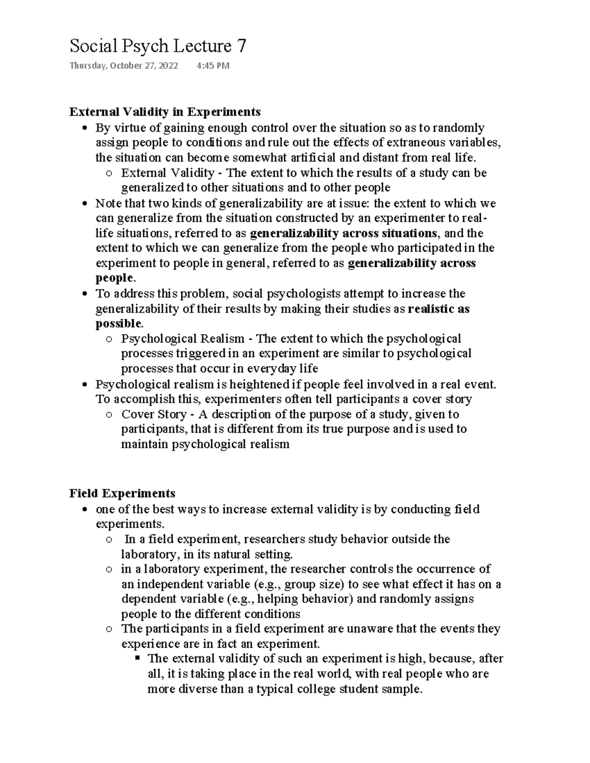 SP Lecture 7 - teacher Christopher Mazurek - External Validity in Experiments By virtue of ...