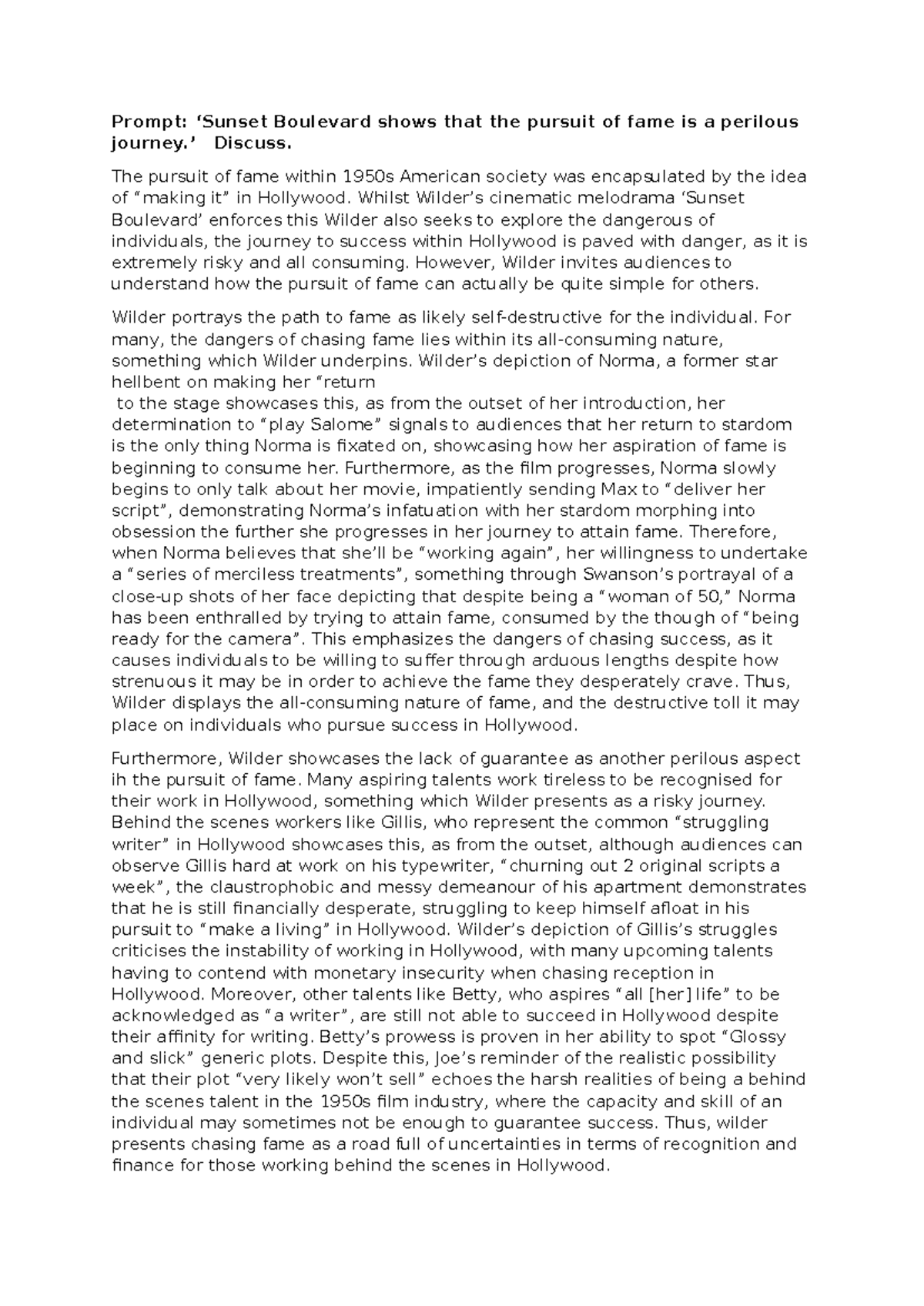 SB PRAC 4 - english essay - Prompt: ‘Sunset Boulevard shows that the ...