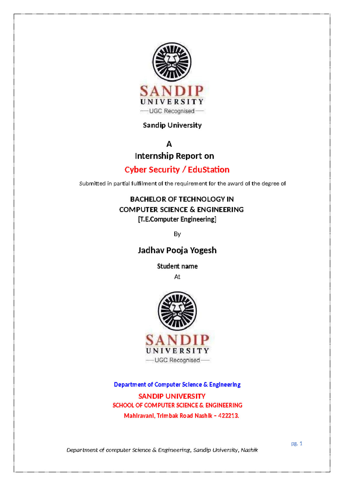 Sandip University - nhvhvhnnn - Sandip University A Internship Report ...