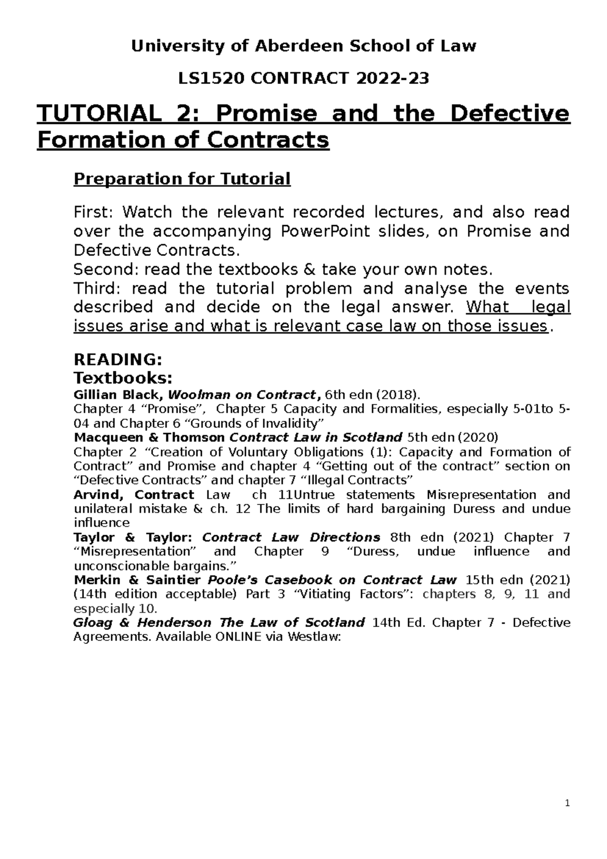 LS1520 Contract Tutorial Problem 2 - University of Aberdeen School of Law LS1520 CONTRACT 2022 ...